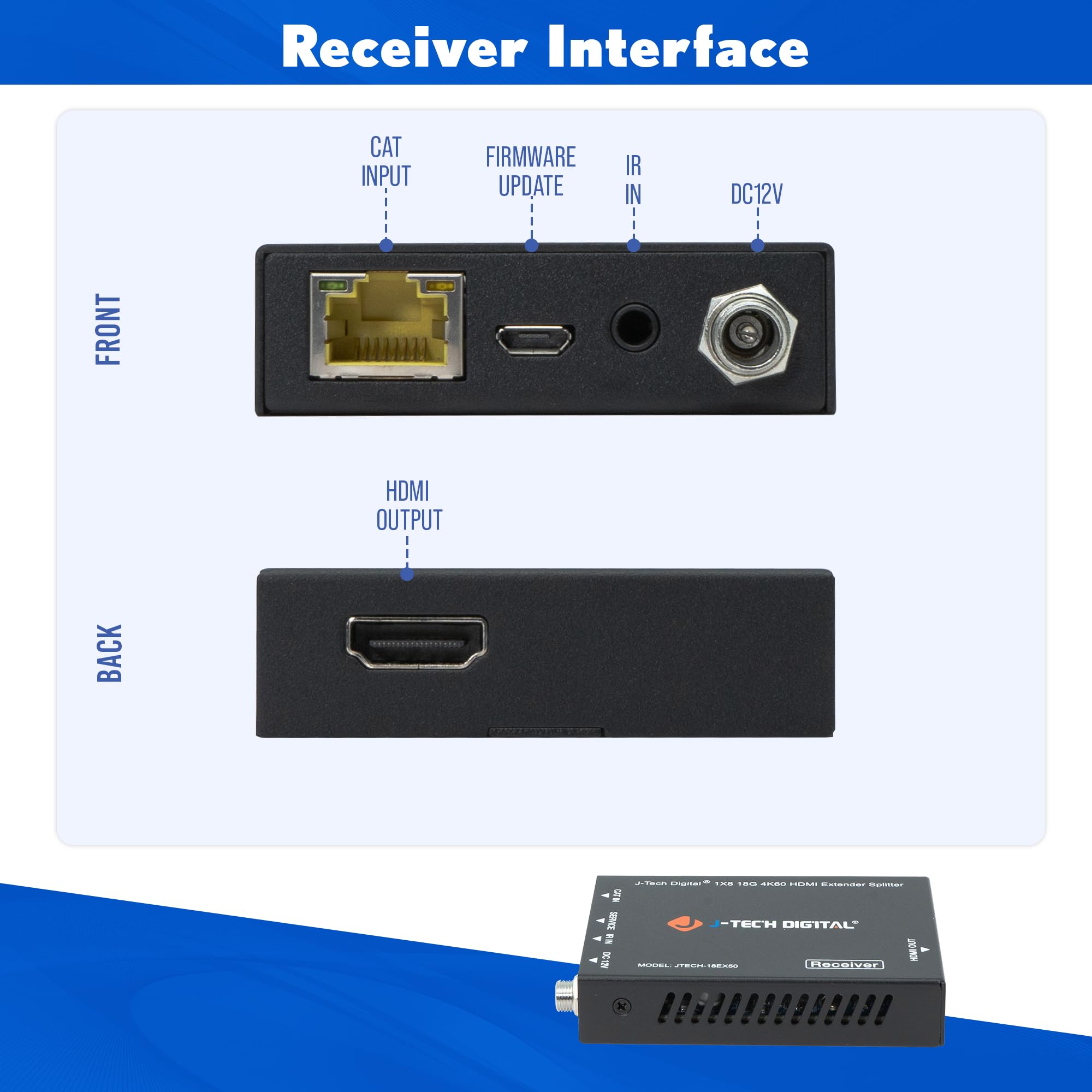 HDMI 2.0 4K Extender Splitter Over Single Cable CAT6 with PoC Up to 196 FT 1-in 8-Out w/Local Loop Output & Low Latency by J-Tech Digital [JTECH-18EX50]