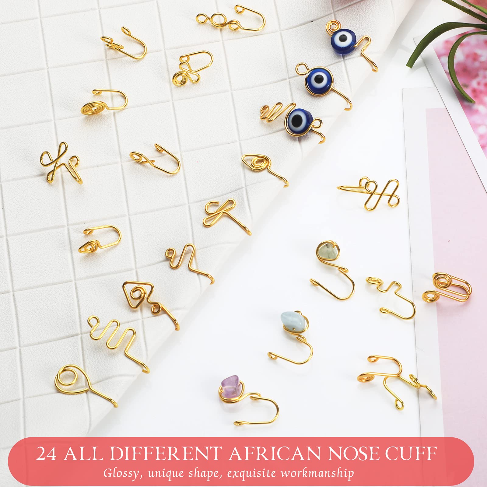 Jadive 24 Pieces African Nose Cuff Stainless Steel Nose Cuff Non Piercing Fake Nose Ring Evil Eye Clip on Nose Ring for Women Men (Gold)