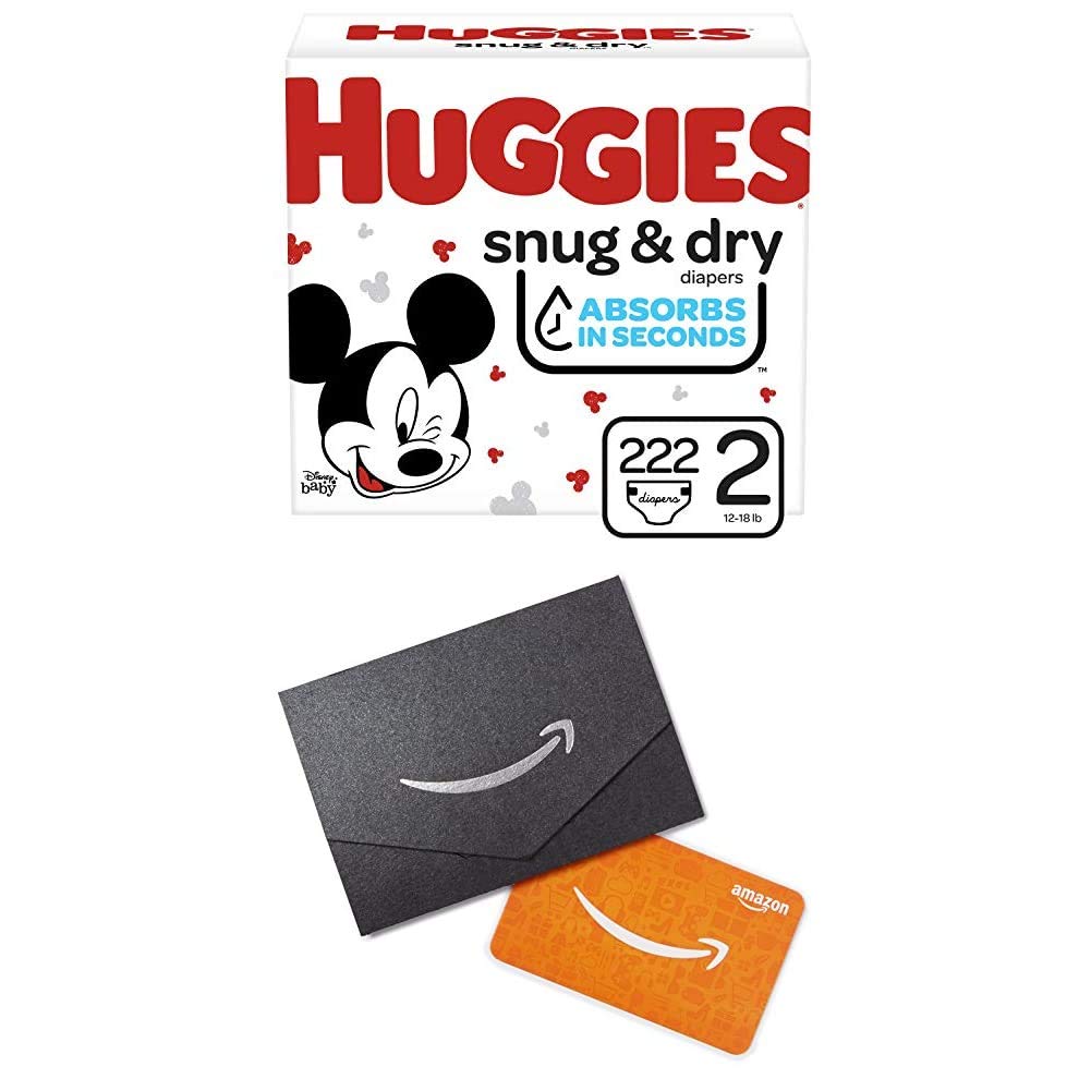 Huggies Snug & Dry Baby Diapers, Size 2, 222 Ct, One Month Supply (2Pack) with Gift Card
