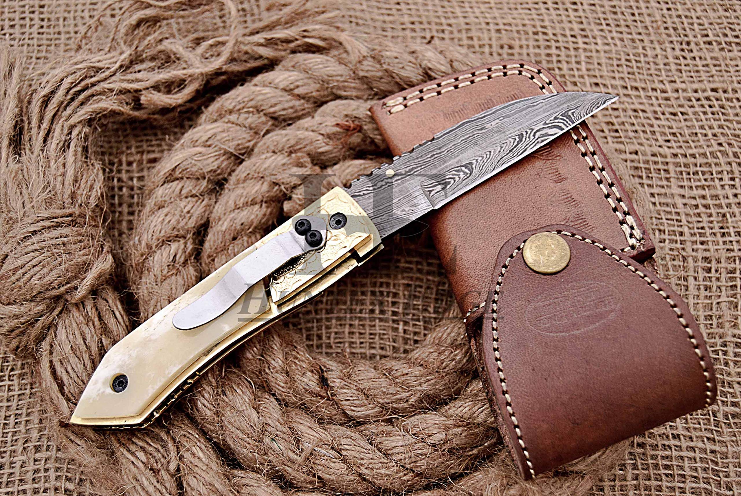 HUNTEX Custom Handmade Hand-Forged Twist Pattern Damascus Steel 4 Inch Long Natural Camel Bone Handle Razor Sharp Camp Hunting Folding Pocket Sheepsfoot Knife with Pocket Clip & Genuine Leather Pouch