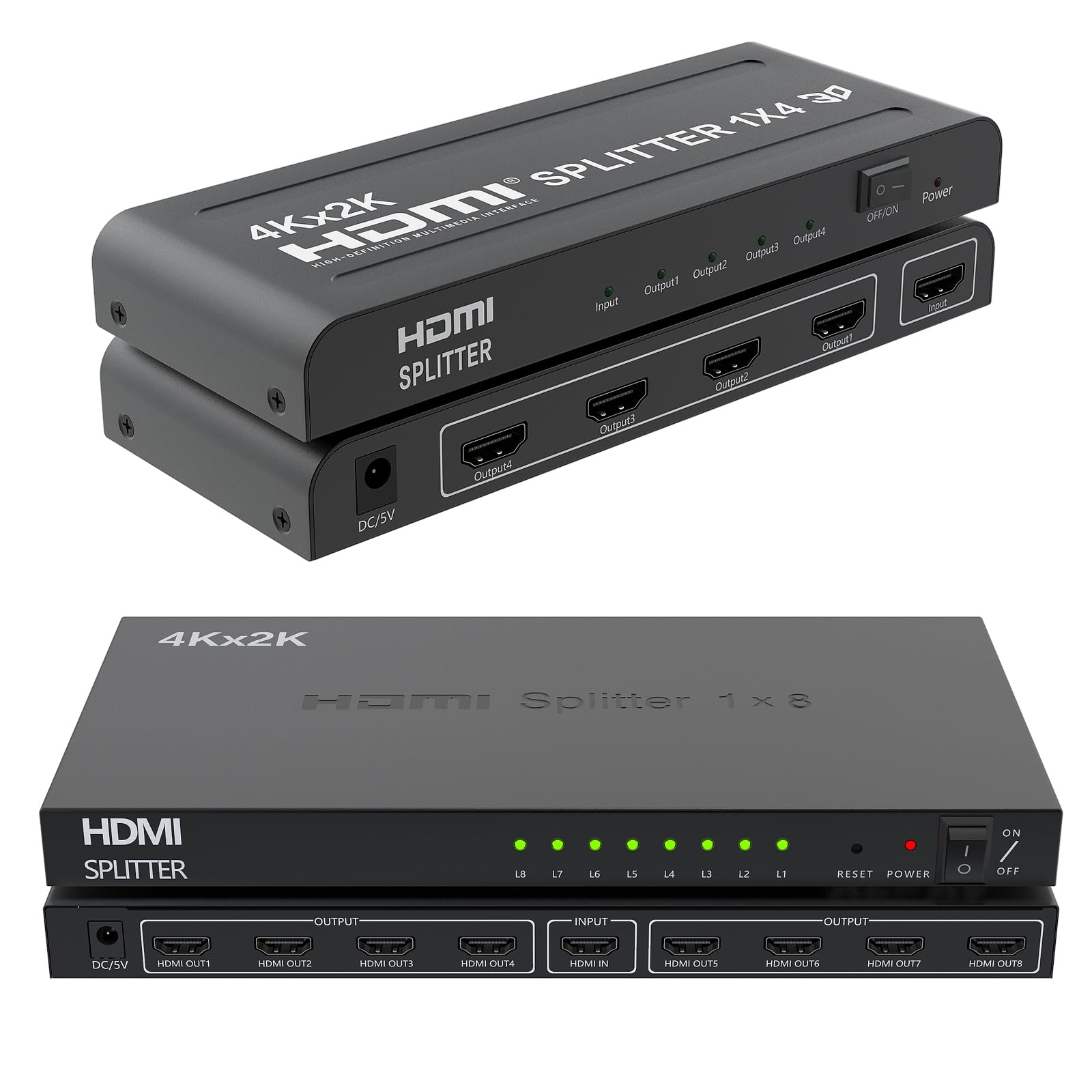 HDMI Splitter 1 Into 8 Out with HDMI Splitter 1 Into 4 Out, Splitter for Multi-Display, 8-Port/4-Port Flexibility. Supports 4K Ultra HD and 3D Technology, Suitable for Many Occasions.