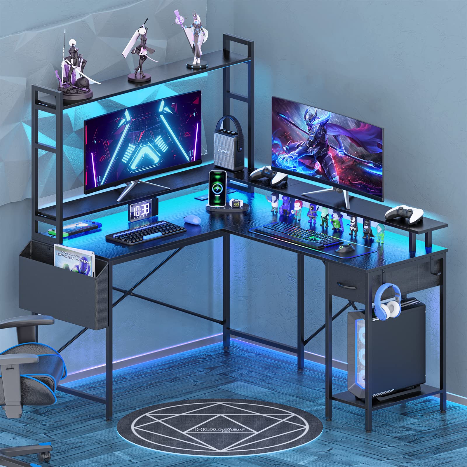 Huuger L Shaped Desk Gaming Desk with LED Lights & Power Outlets Nightstand with Charging Station