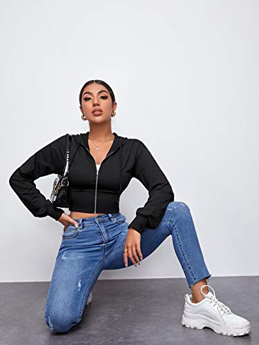 WDIRARA Women's Drop Shoulder Zip Up Drawstring Hoodie Black M