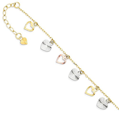 IceCarats 14K Tri Color Gold Heart Love 9 inch Anklet Summer Beach Foot Ankle Bracelet