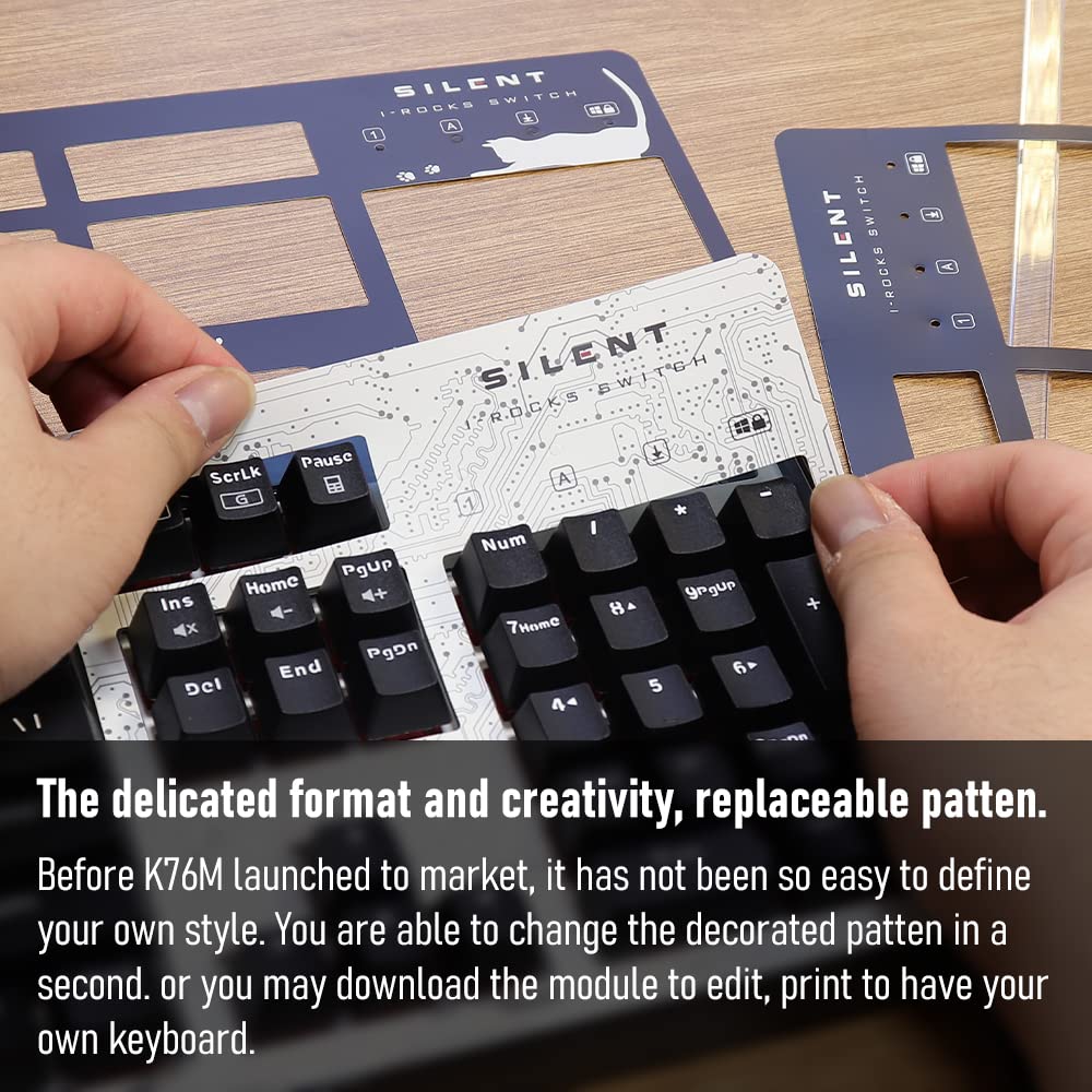 i-rocks K76M Custom Silent Mechanical Keyboard 104 Keys, with Swappable Panel (4 Skins Included), Transparent Housing and Onboard Memory for Macro Recordings (i-rocks Silent Brown Switches, Pink)