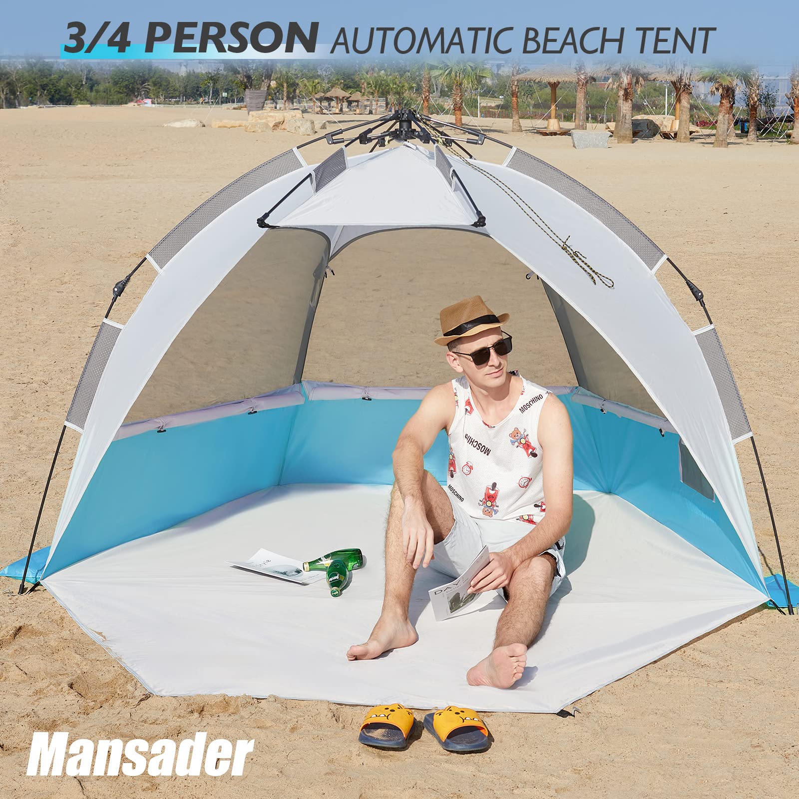 Mansader 2-3 Person Large Instant Pop Up Beach Tent, UV Protection Portable Easy Setup Sun Shade Shelter, Extended Floor with 3 Ventilating Mesh Windows for Outdoor Camping Fishing (Light Blue)