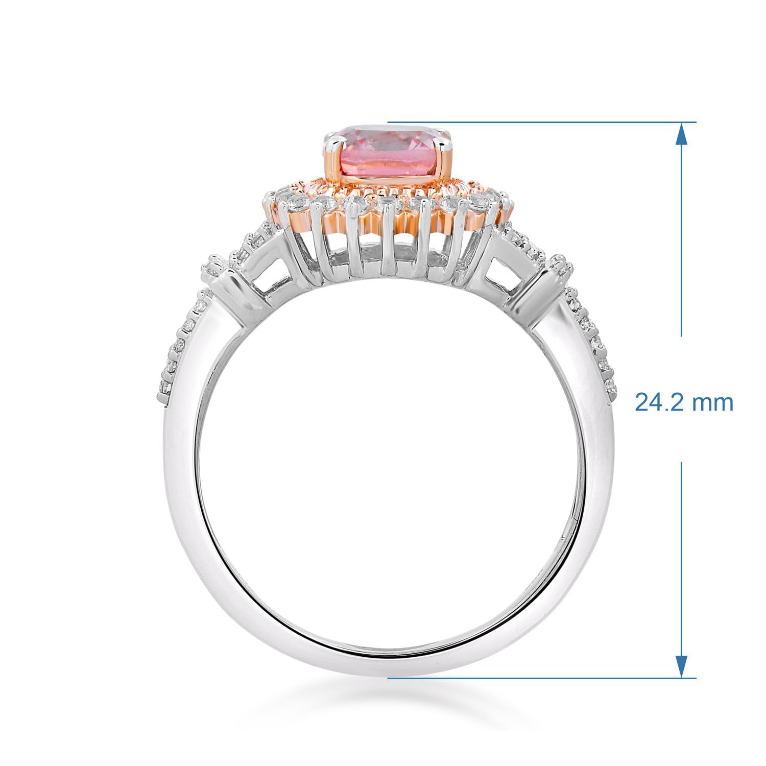 Jewelili Rose Gold Over Sterling Silver 6x6 MM Cushion Cut Created Morganite and Created Round White Sapphire Halo Engagement Ring, Size 7