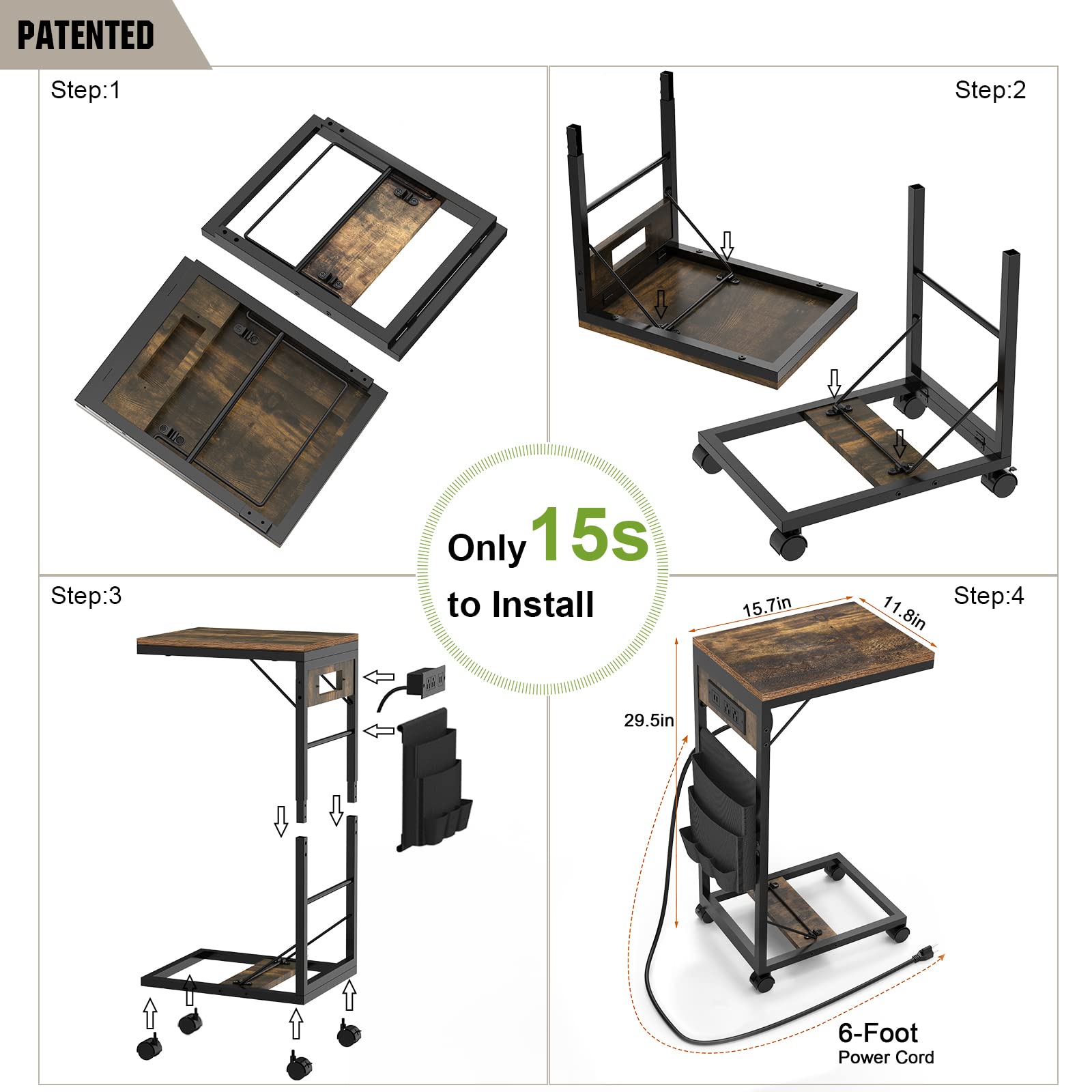 Himix Pre Assembled C Table End Table, Foldable Side Table with Charging Station, Storage Bag, Wheels, Waterproof Rolling TV Tray Table for Bedside, Small Spaces, Couch, Bedroom