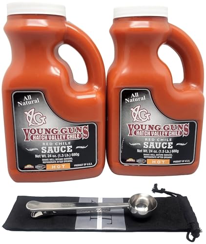 Young Guns Mild Red Chile Sauce 2-Pack - 505 Fresh - Made With Young Guns Hatch Valley Chile + AlwaysThriving⢠2-in-1 Scoop Spoon & Bag Clip Combo - Authentic Hatch Flavor (Red Chile Sauce(HOT))