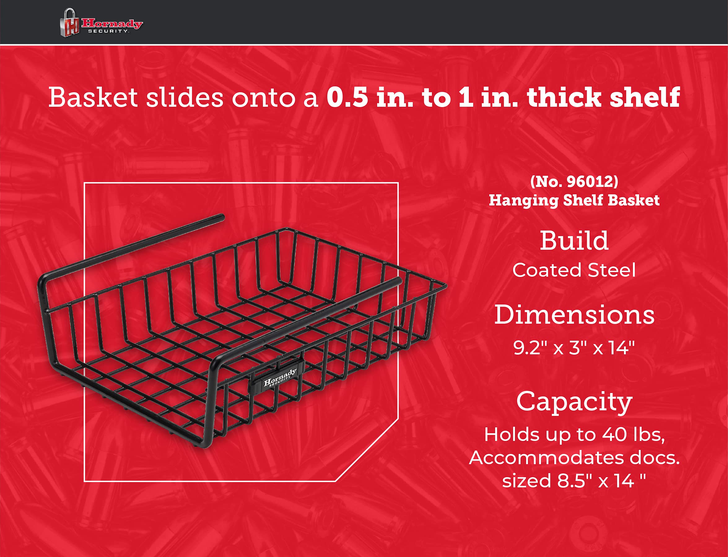 Hornady Hanging Shelf Document Basket, 96012 - Coated Wire Basket Maximizes Storage for Documents, Gun Accessories, & Ammo - Easy Access Under Shelf Storage for Gun Safes - Holds Up to 40 Pounds