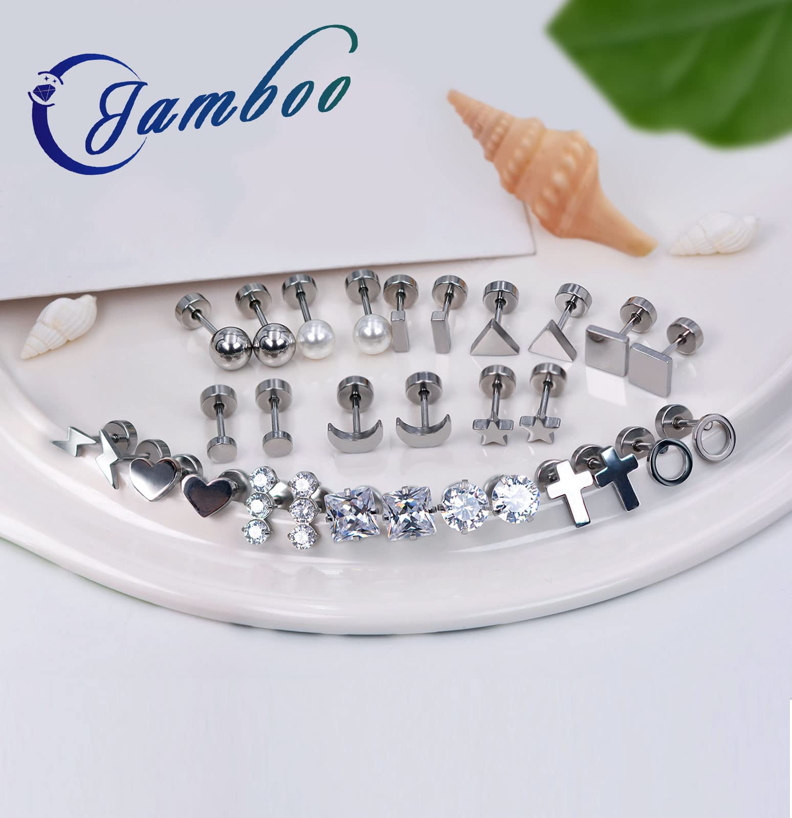 Jamboo Stainless Steel Flatback Stud Earrings, 15 Pairs Hypoallergenic Silver Earrings for Women