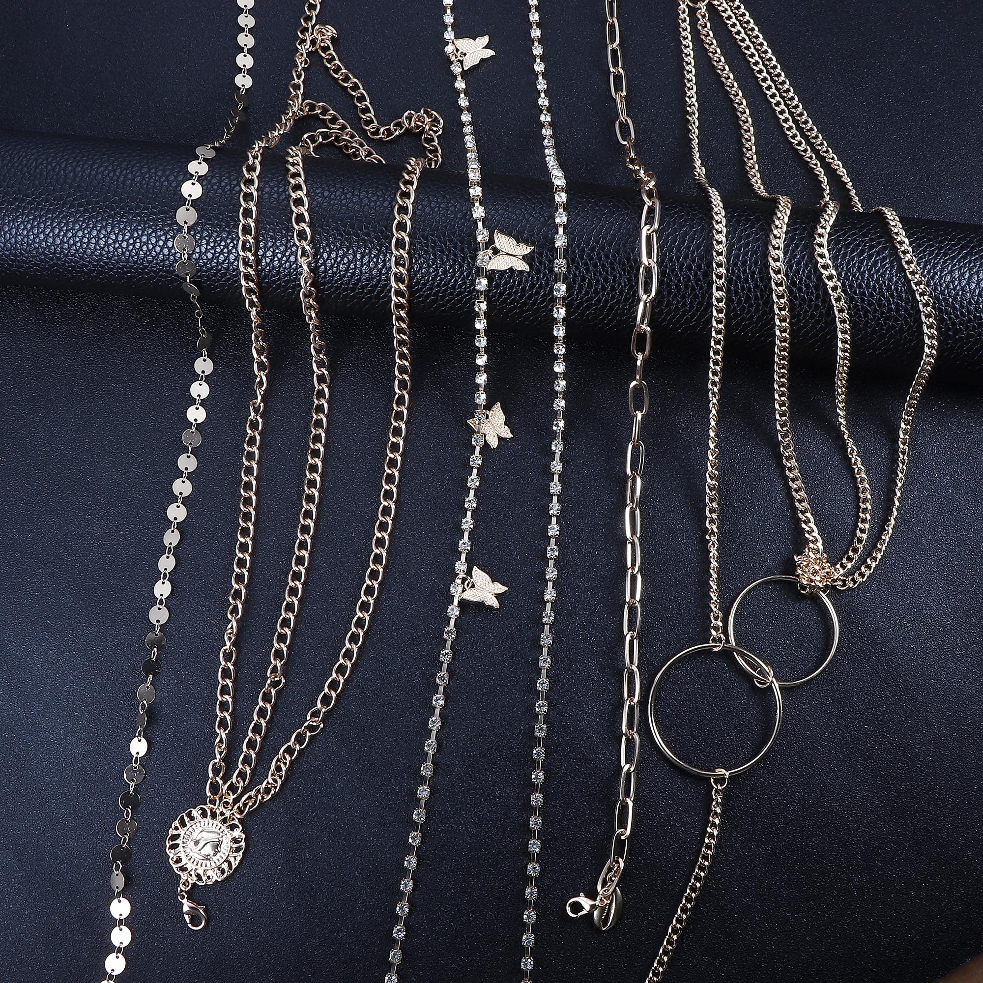 Jstyle 6Pcs Belly Chain Layered Waist Chain Butterfly Rhinestone Beach Bikini Body Chain Sexy Adjustable Tassel Waist Chain