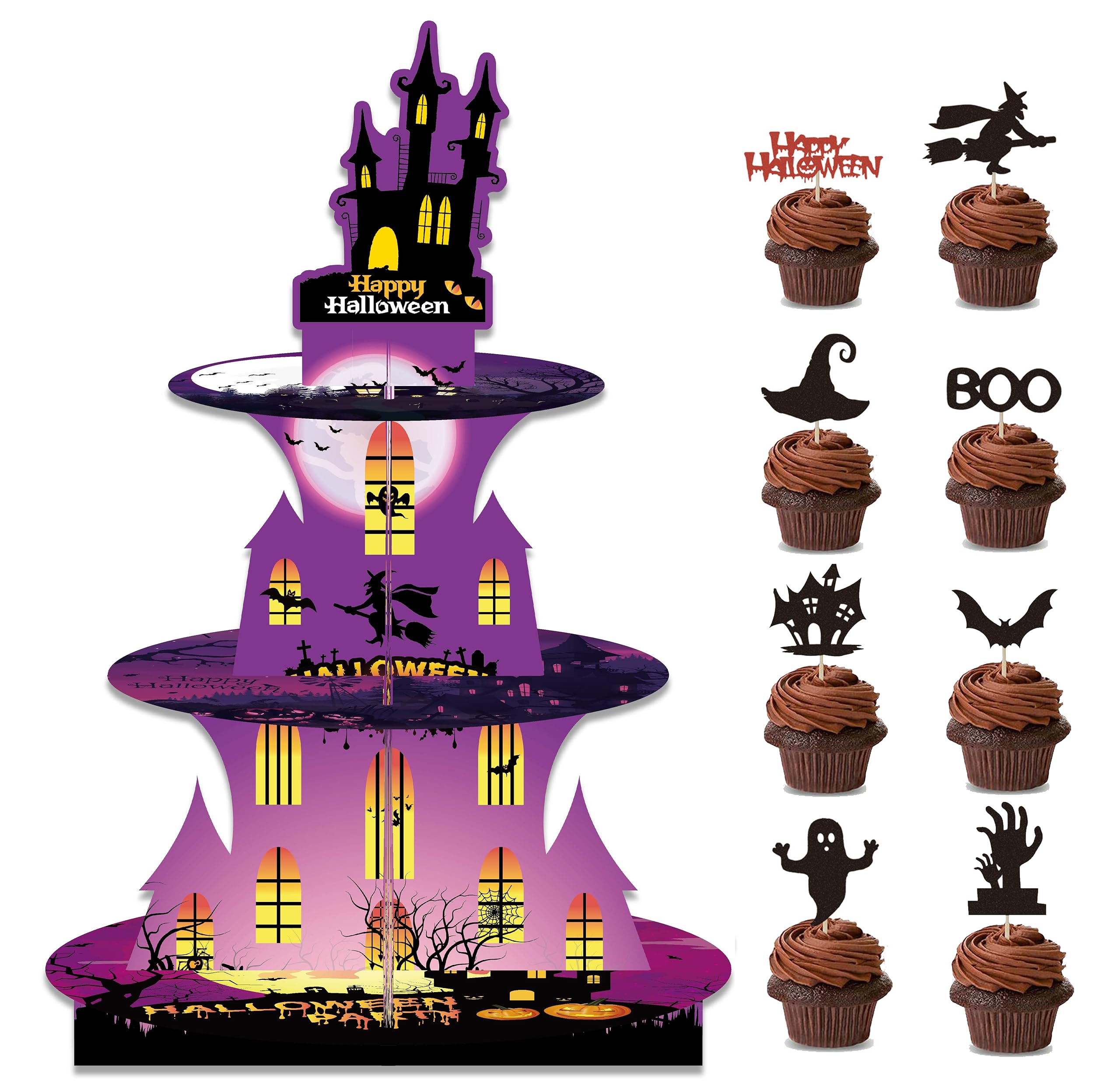 Halloween Cupcake Stand Halloween Dessert Table Display Set-3 Tier Cup Cake Tier Stand+16PCS Cake Cupcake Toppers Halloween Party Decoration Cupcake Tower Cupcake Stand for 24 Cupcakes (A)