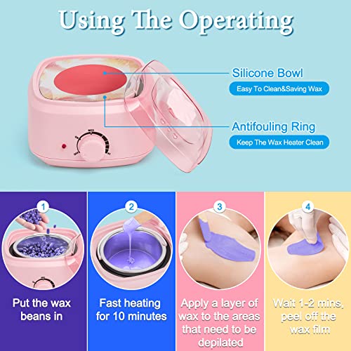 Setgnur Wax Warmer Kit,Hair Removal Waxing Kit 4 Formula Hard Wax Beads for Wax Machine Women and Men Wax Warmer Home Use with 20 Wax Sticks (Pink-Wax Kit)
