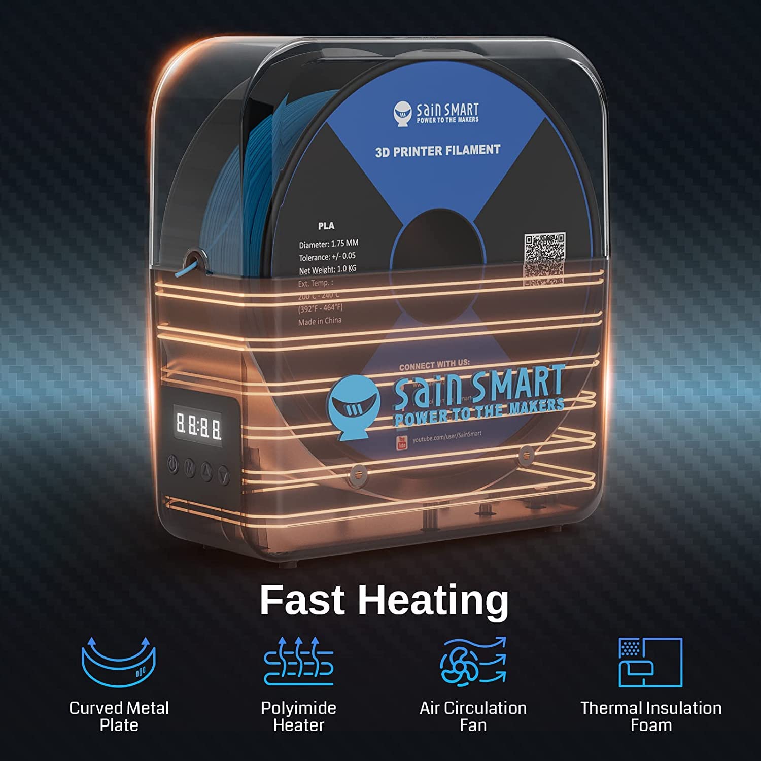 SainSmart Upgraded Filament Dryer 3D Printer Filament Storage Dry Box Filament Dehydrator Container, with Upgraded Silent Fan, Advanced Heating Mechanism, Up to 24hrs Timer