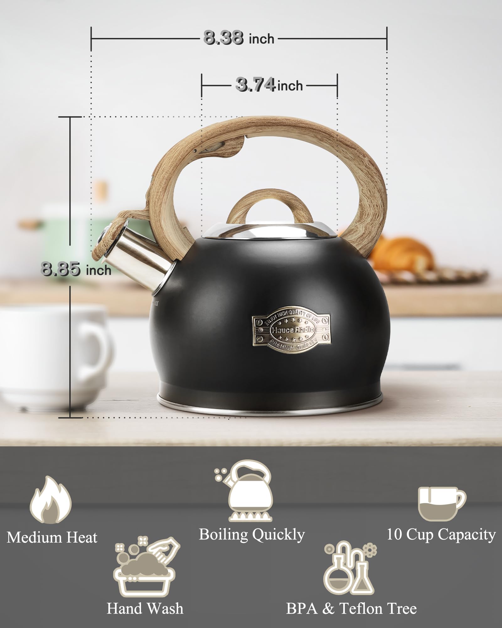 Hauce Radio Tea Kettle Stovetop, Black Tea Kettles-2.1 Quart Loud Whistle Stovetop Teapot,Food Grade Stainless Steel with Wood Pattern Handle, Unique Button Control Kettle Outlet for Tea, Coffee
