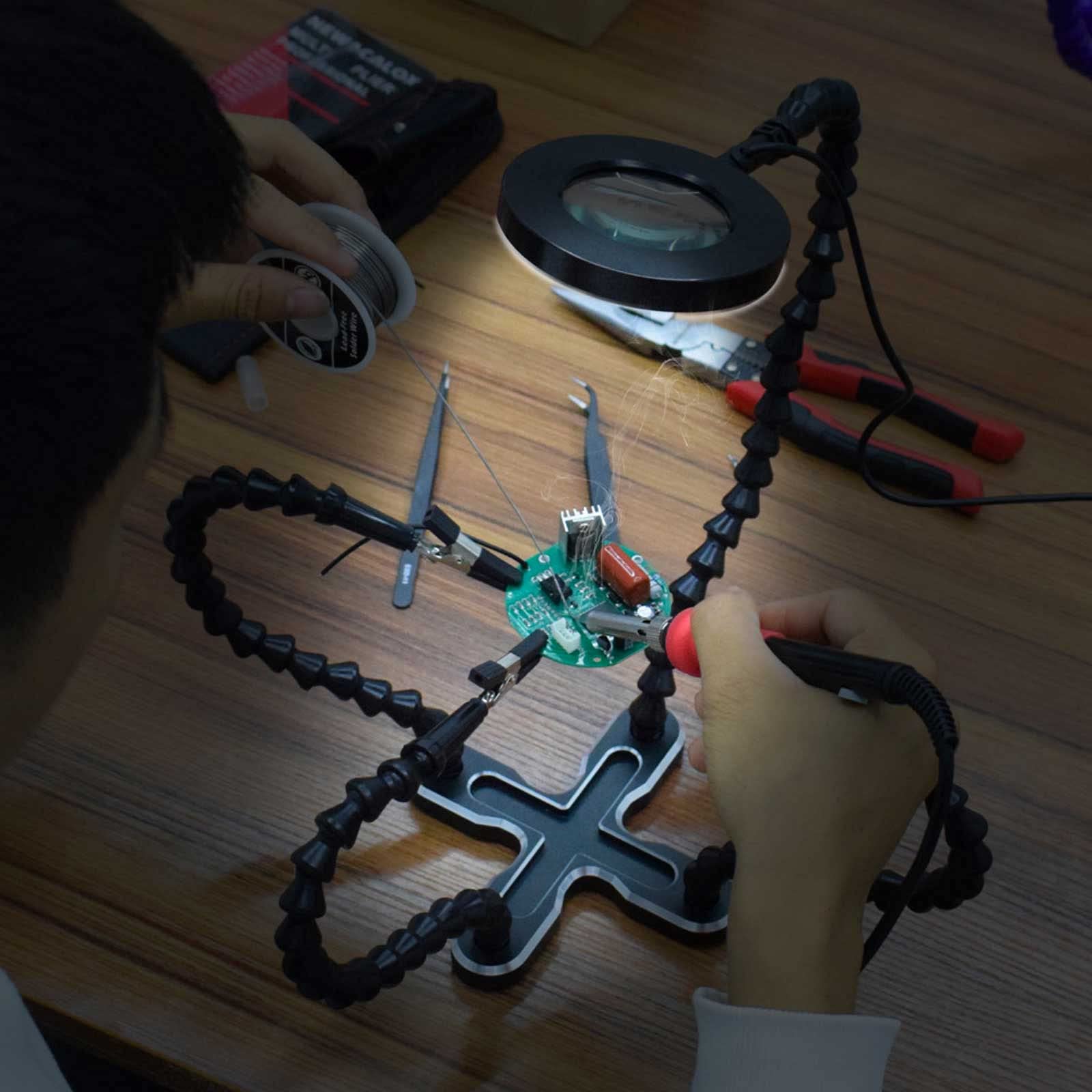 Helping Hands Soldering, Third Hand Soldering PCB Holder Tool, 4 Arms Helping Hands, 5X Magnifying with LED Lighted Magnifying, Non-slip Aluminum Base for Electronics Repair Assembly Modeling Woodwork