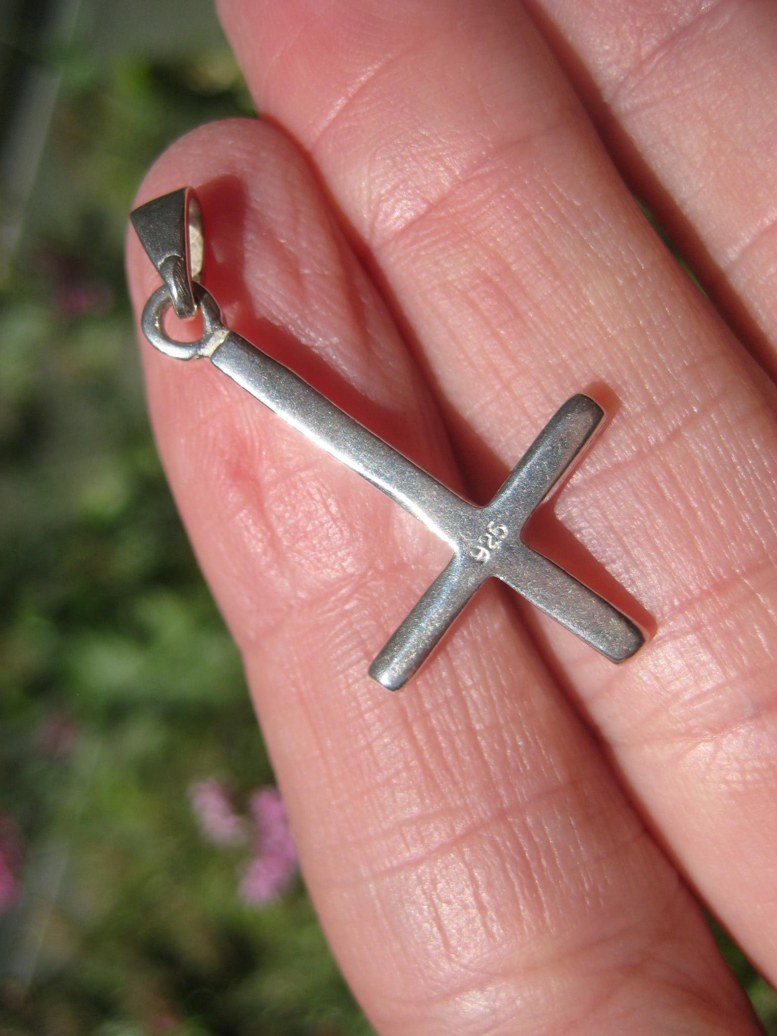 Himalayan Treasures Small 925 Sterling Silver Inverted Petrine Satanic Cross Pendant Free Chain