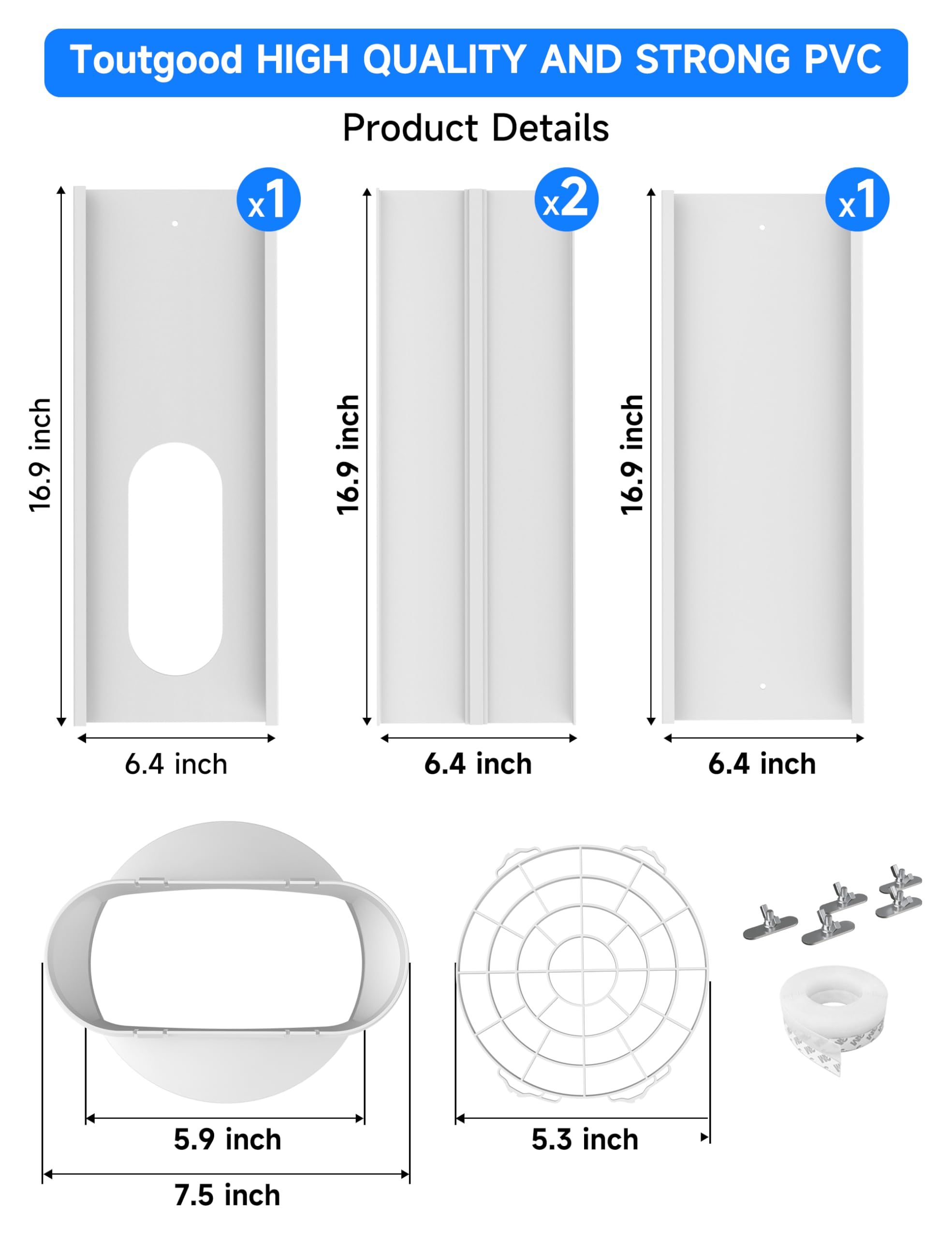 Portable Air Conditioner Window Vent Kit, Universal PVC Portable AC Window Seal with 4 Panel(16.9β to 63β) Suit for For 5.9'' Diameter Portable AC Exhaust Hose, for Horizontal&Vertical