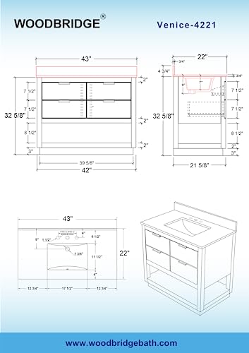 Woodbridge Venice-4221-White-BN+ CAVT4322-8 Vanity with top, 43"x22", White with Brushed Nickel Trim