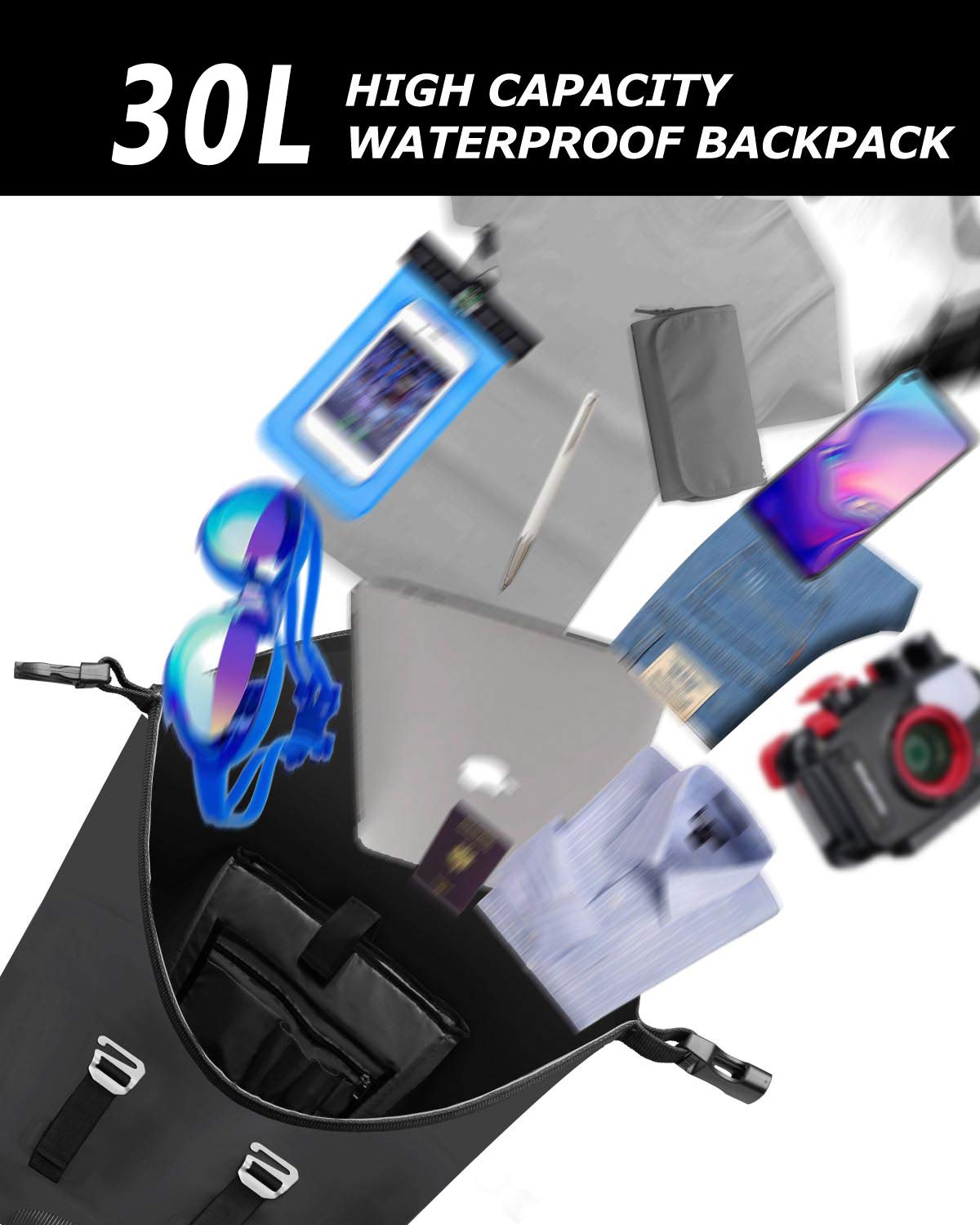 IDRYBAG Waterproof Backpack Dry Bag 30L, Dry Backpack Bags Waterproof for Women Men, Dry Sack Waterproof Bag for Kayaking, Canoeing, Floating, Boating, Rafting, Hiking, Camping