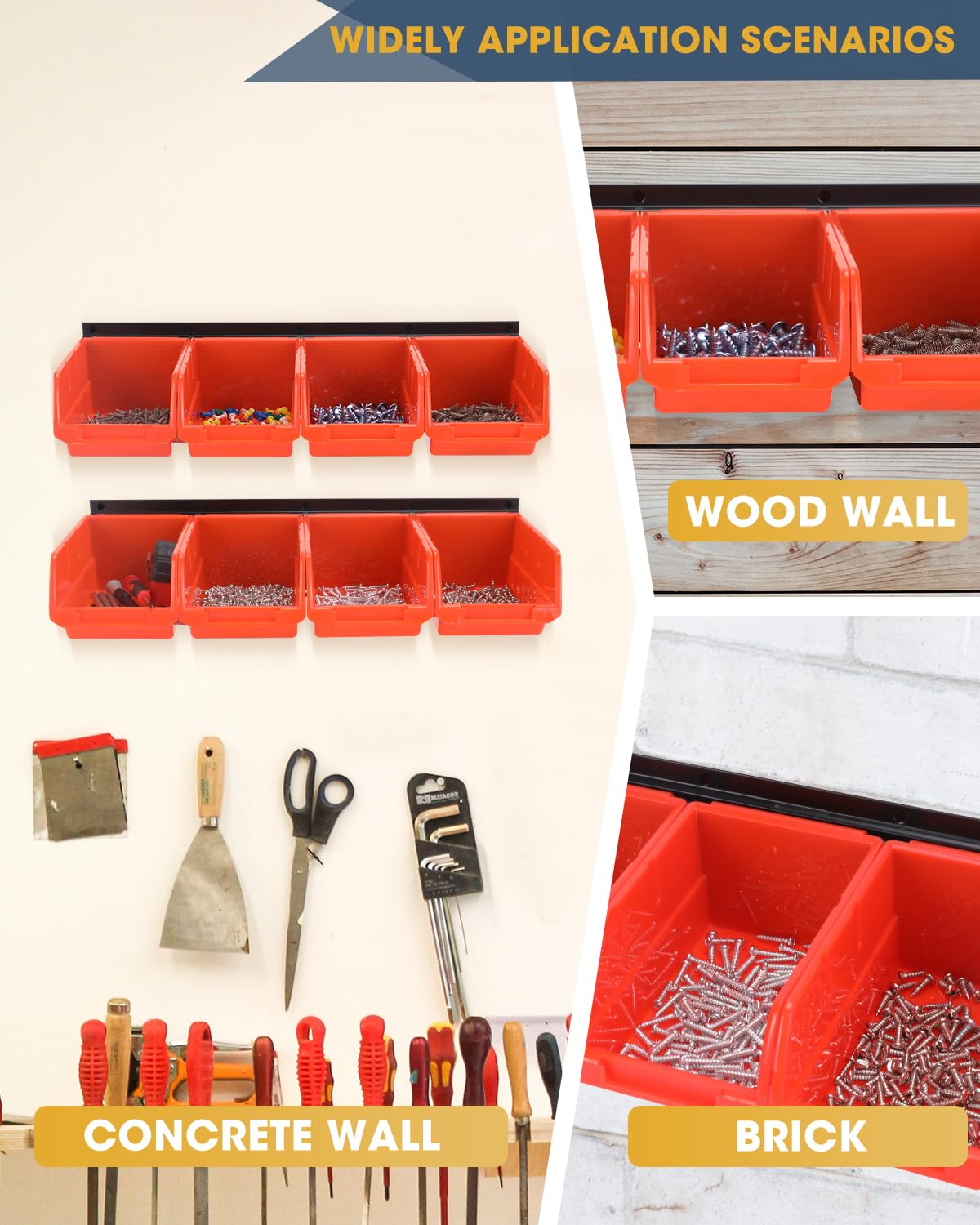 WellMall Wall Mounted Storage Bins - 8 Piece Bins & 2 Steel Rails Plastic Garage Tool Storage for Screw Organizer & Small Parts Organizer