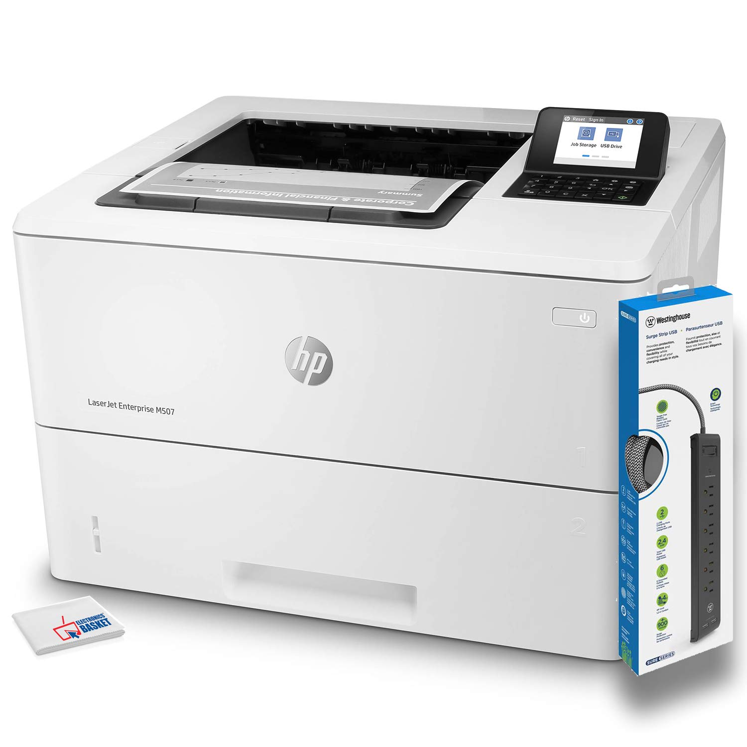 Hewlett Packard Laserjet Enterprise M507dn Monochrome Printer (1PV87A) with Power Strip Surge Protector and Electronics Basket Microfiber Cleaning Cloth