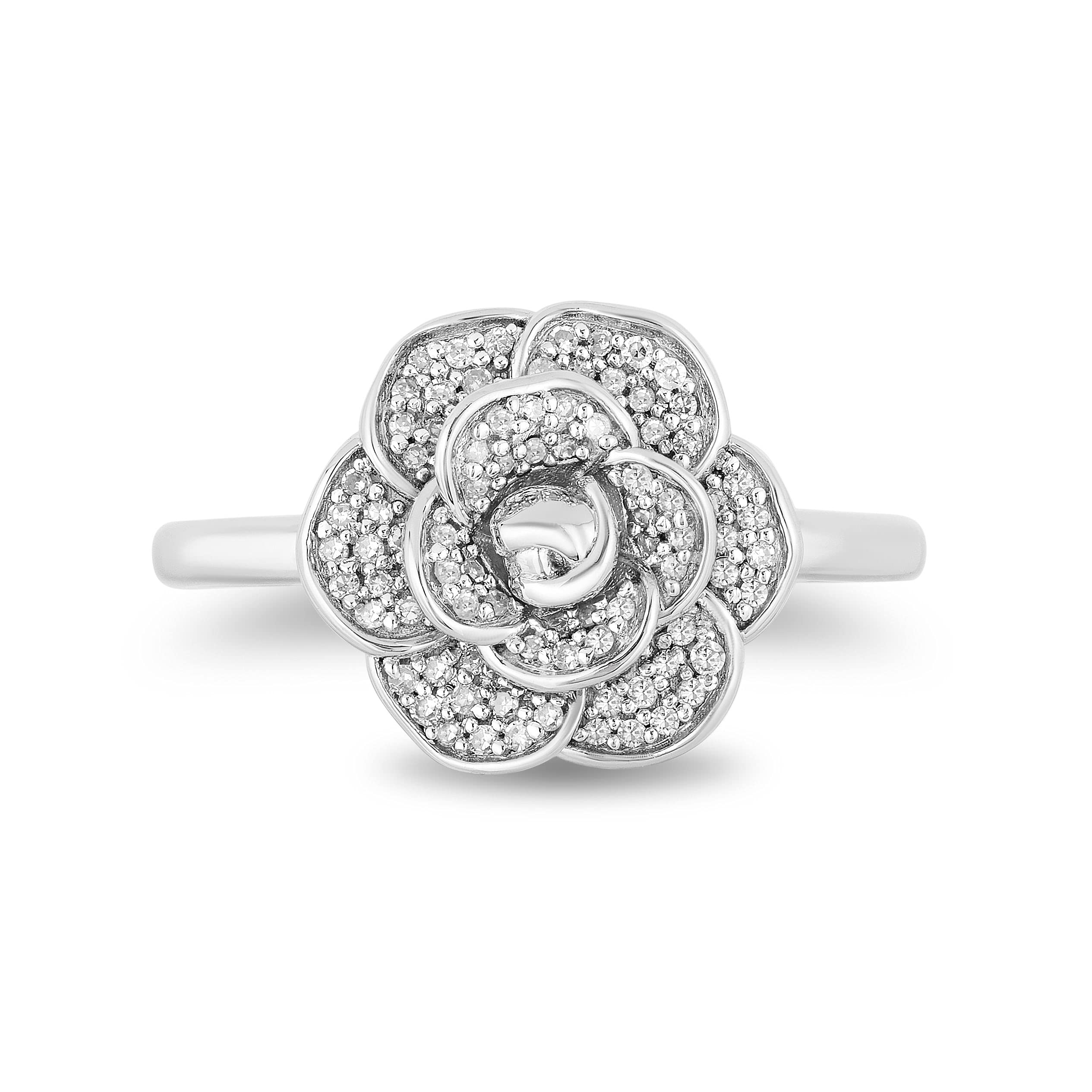 Jewelili Enchanted Disney Fine Jewelry Sterling Silver With 1/5Cttw Diamonds Cinderella 70Th Anniversary Gardenia Flower Ring, Size 9