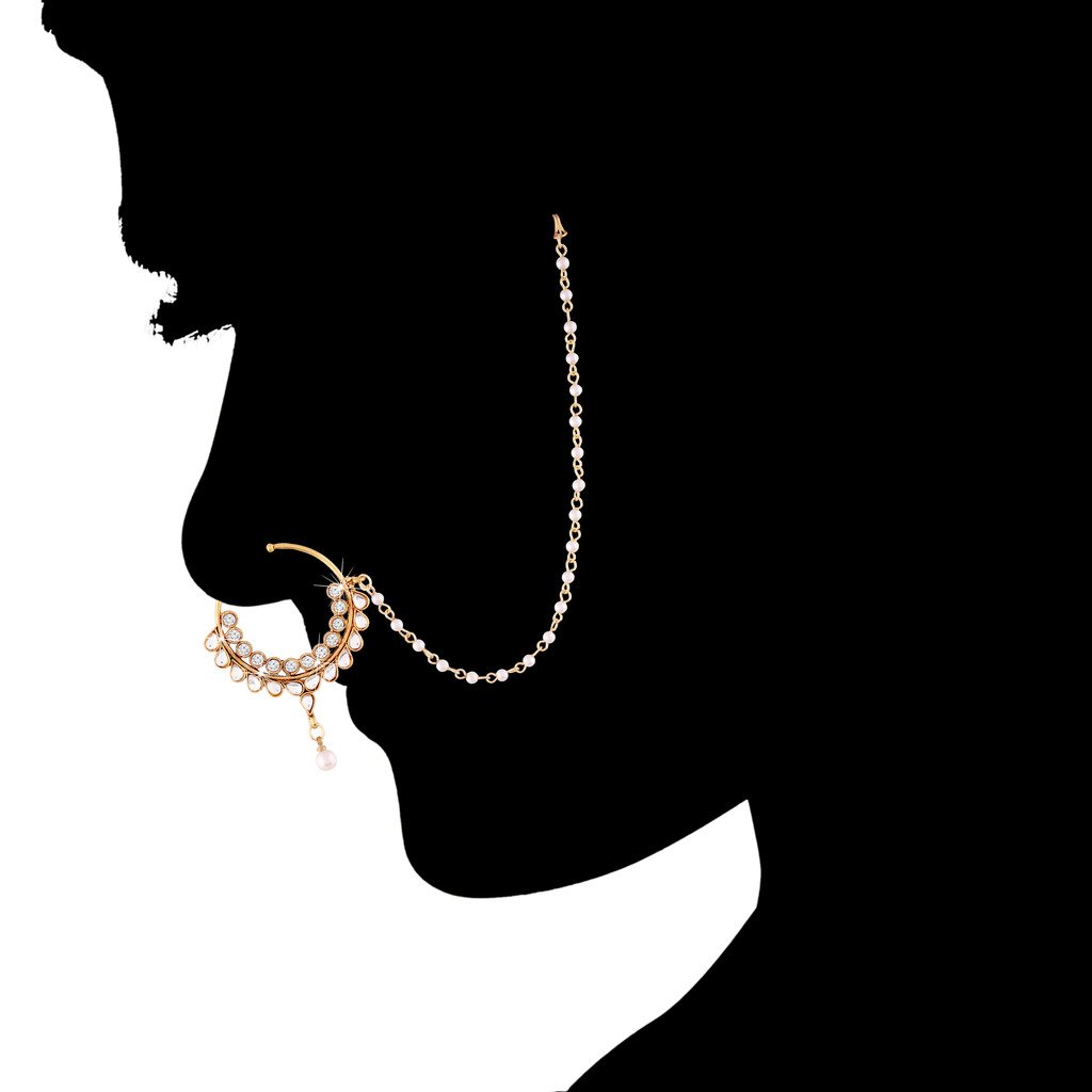 I Jewels Indian Bollywood No Piercing Ethnic Party Wear Nose Ring with Chain for Women (NL07)
