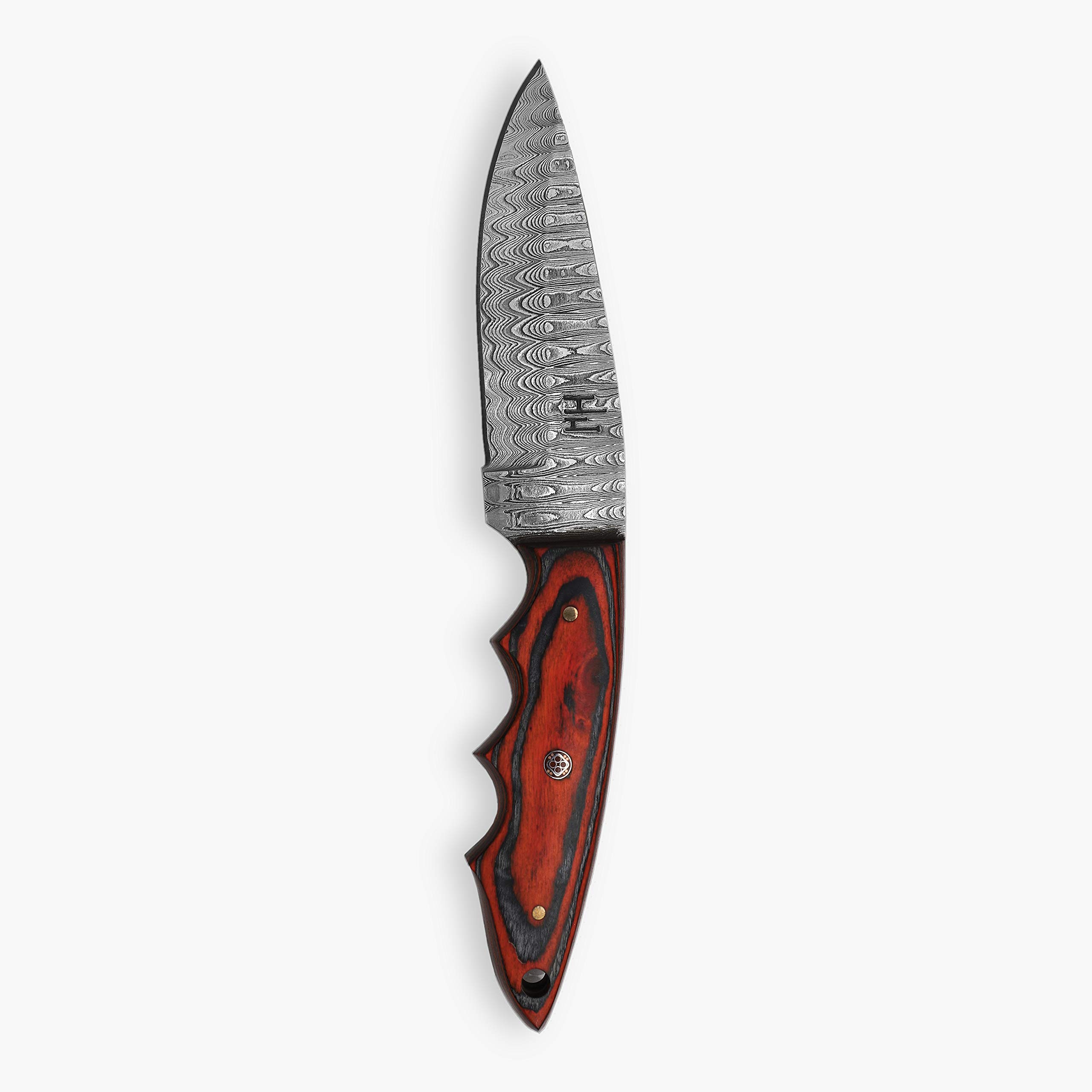Hobby Hut HH-347 8.75 inches Damascus Steel Hunting Knife with Sheath, Fixed Blade Knife, Walnut Wood Handle Designed for Hunting Camping and Survival