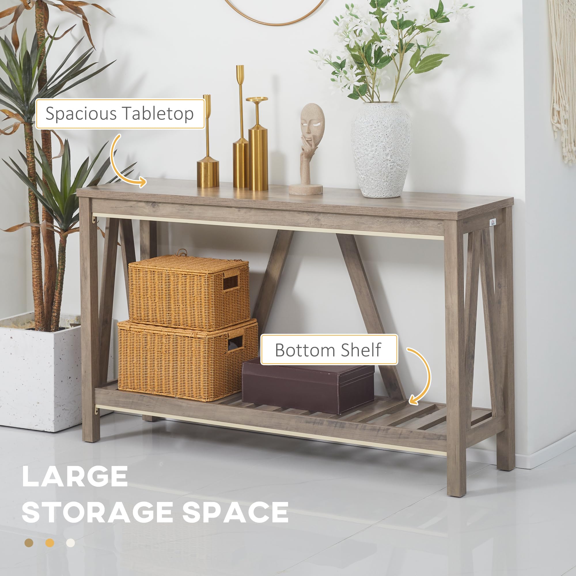 HOMCOM Console Table, Farmhouse Entryway Table with Storage Slatted Shelf, Rustic Sofa Table with Anti-Tipper for Living Room, Hallway, Gray