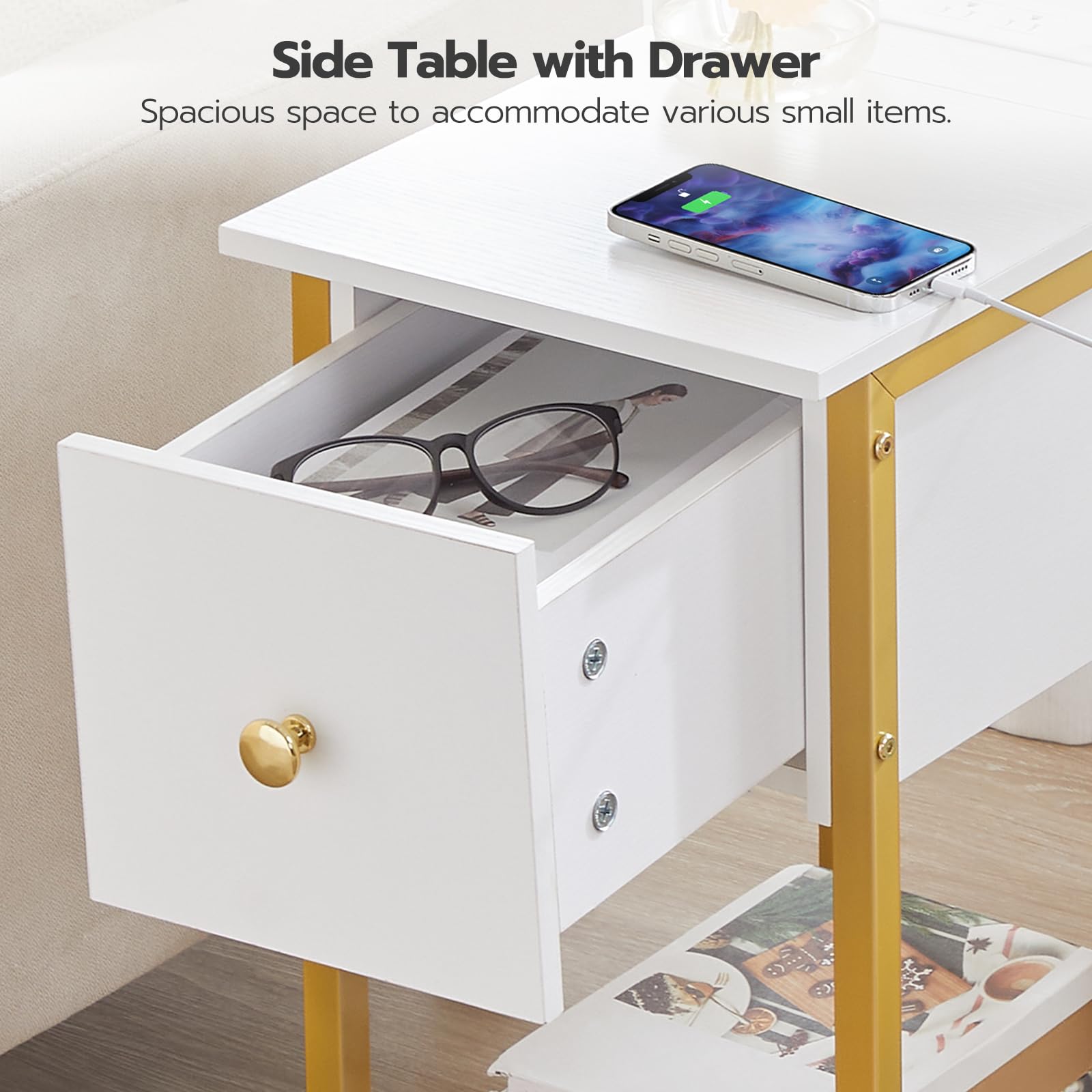 HOOBRO Side Table with Charging Station, Narrow End Table, Bedside Table, Sofa Side Table with Drawer, 2-Tier Coffee Table, Space Saving, Living Room, Bedroom, Study, Gold and White DW041UBZ01