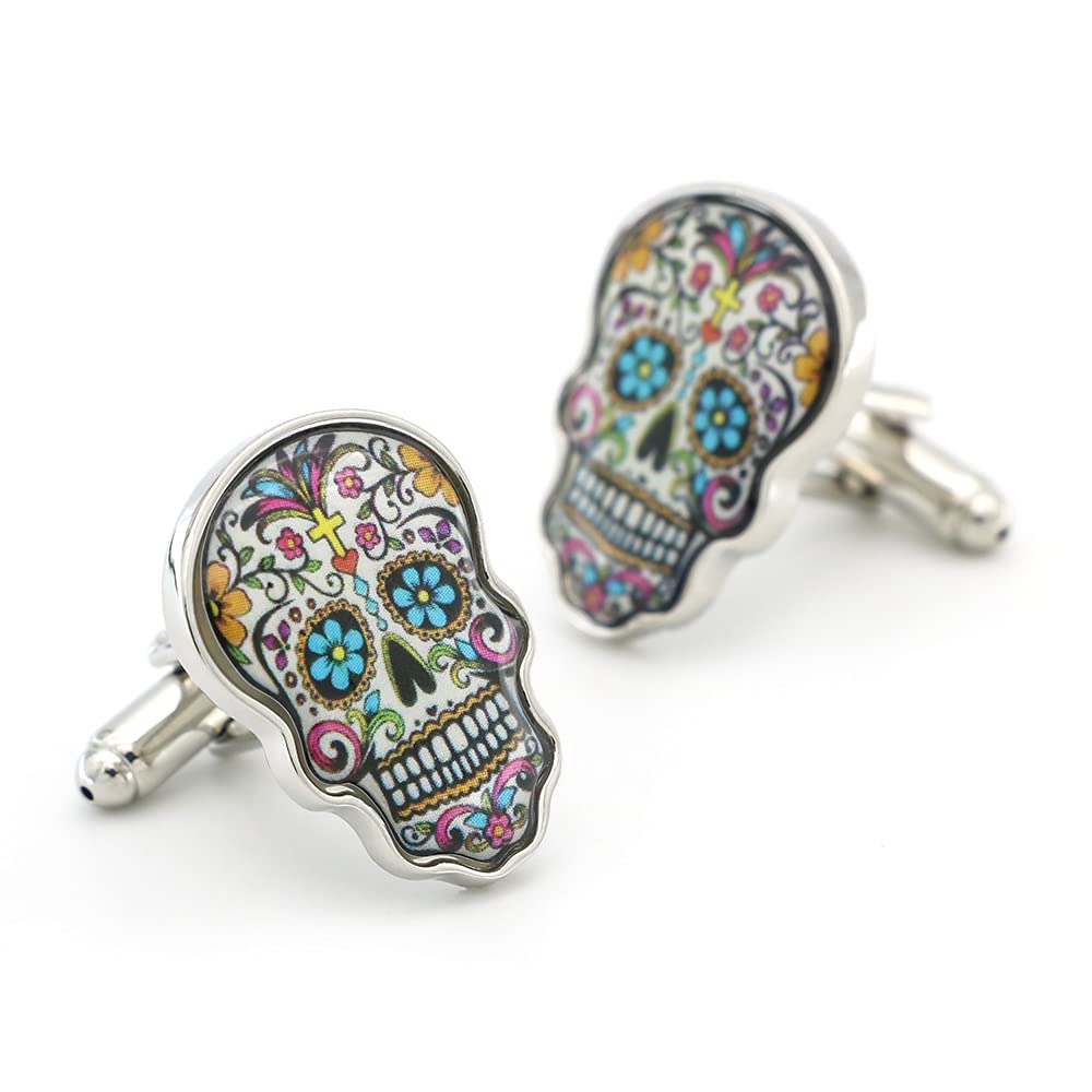 iGame Day Of The Dead Cuff Links Muti-color Brass Material Sugar Skull Design Cufflinks with Gift Box