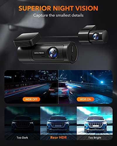 WOLFBOX 4K Dash Cam Front and Rear, Dash Cam with GPS WiFi UHD 2160P/1600P + 1080P,Dash Camera for Cars with 32G SD Card, WDR, Night Vision, Loop Recording,170°FOV