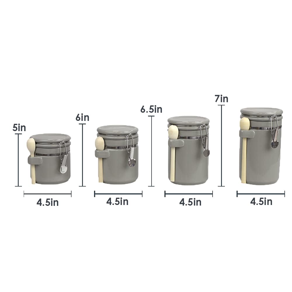 Home Basics Canister Sets For The Kitchen (4 Piece Set) Grey, High Gloss Ceramic Decorative Kitchen Set | With Wooden Spoons, Countertop Set For Flour, Sugar, Coffee, and Snacks