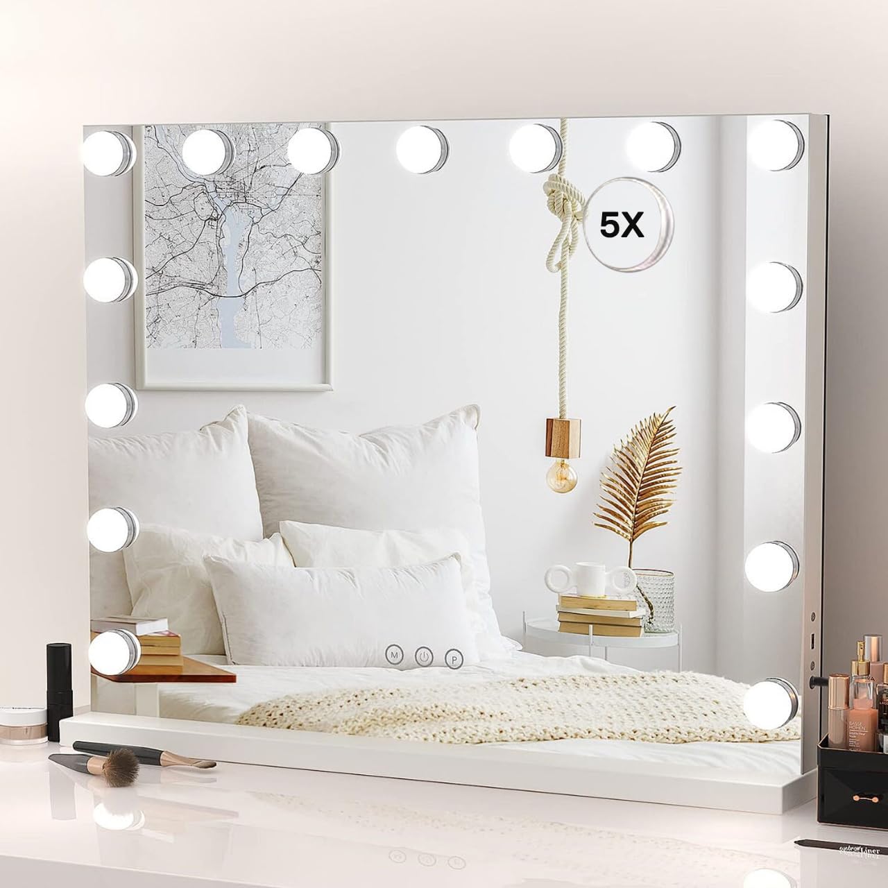 HIEEY Lighted Makeup Mirror, Hollywood Vanity Mirror with Lights, Three Color Lighting Modes, and 5X Magnification Mirror, Smart Touch Control, 360°Rotation (15.2in. White)