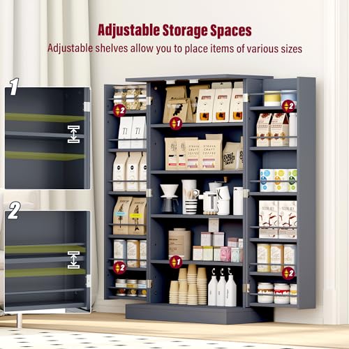 HOME BI Kitchen Pantry, Kitchen Storage Cabinet Cupboard with Doors and Adjustable Shelves for Dining Room Living Room, Grey