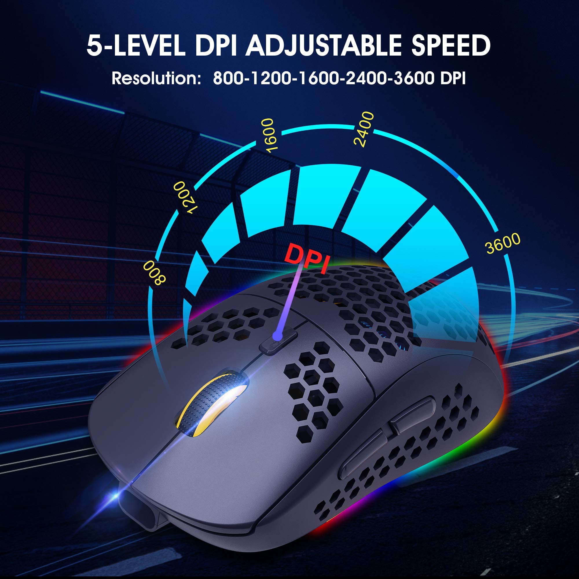 HXMJ Type C Fast Charging Bluetooth Mouse,Honeycomb Wireless Gaming Mice,Lightweight,3 Modes(BT5.0, BT3.0 and USB 2.4GHz) with 3600 DPI,RGB Rainbow Backlit-Black