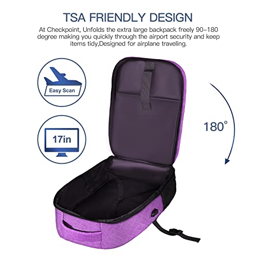 Yamdeg Extra Large Travel Backpack, Large Carry On Backpack, 17.3 Inch Laptop Backpack For Computer Business Travel With USB Port, TSA Airline Approved Waterproof Travel Daypack For Women, Purple