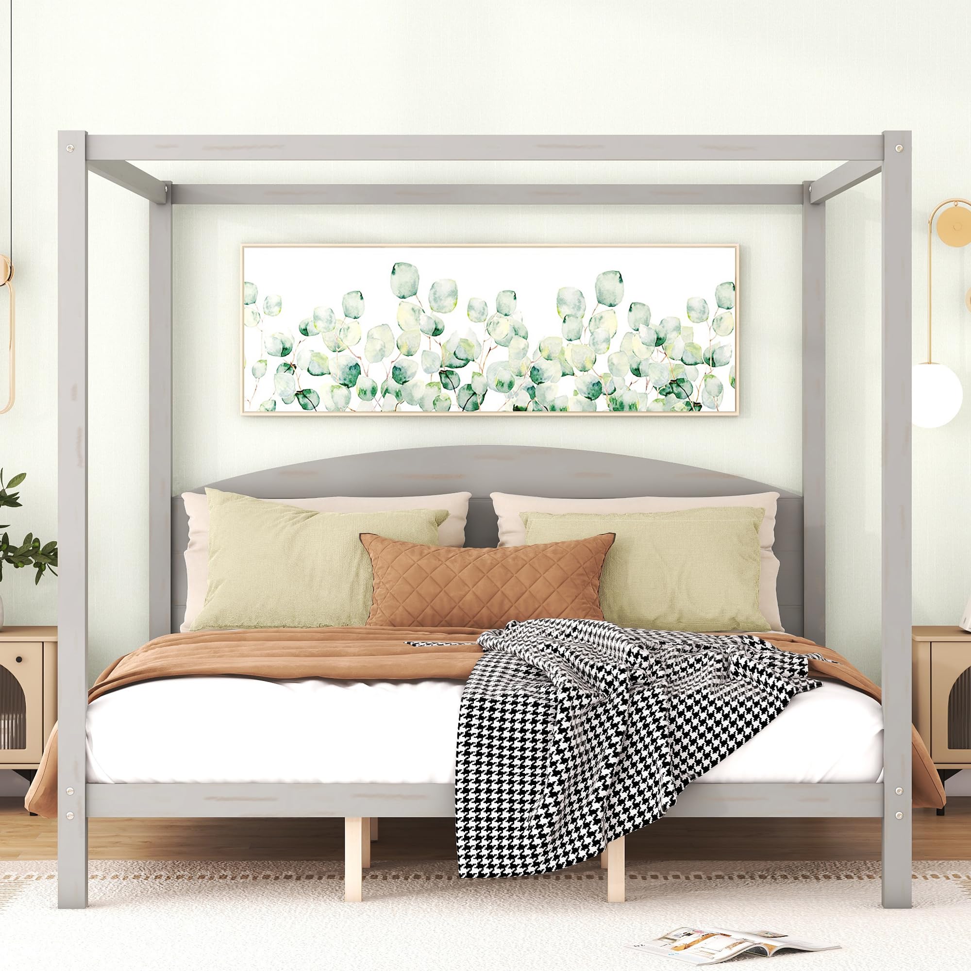 HBRR King Size Canopy Bed, Wood Platform Floor Bed with Headboard and Slat Support Leg, 4 Posters King Bed Frame for Kids Teens Adults, No Box Spring Needed, Grey