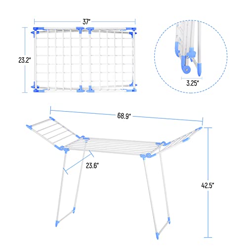 YUBELLES Clothes Drying Rack, Gullwing Laundry Rack, Collapsible, Space-Saving Laundry Rack, with Bonus Sock Clips, for Clothes, Towels, Linens, Indoor/Outdoor, Blue