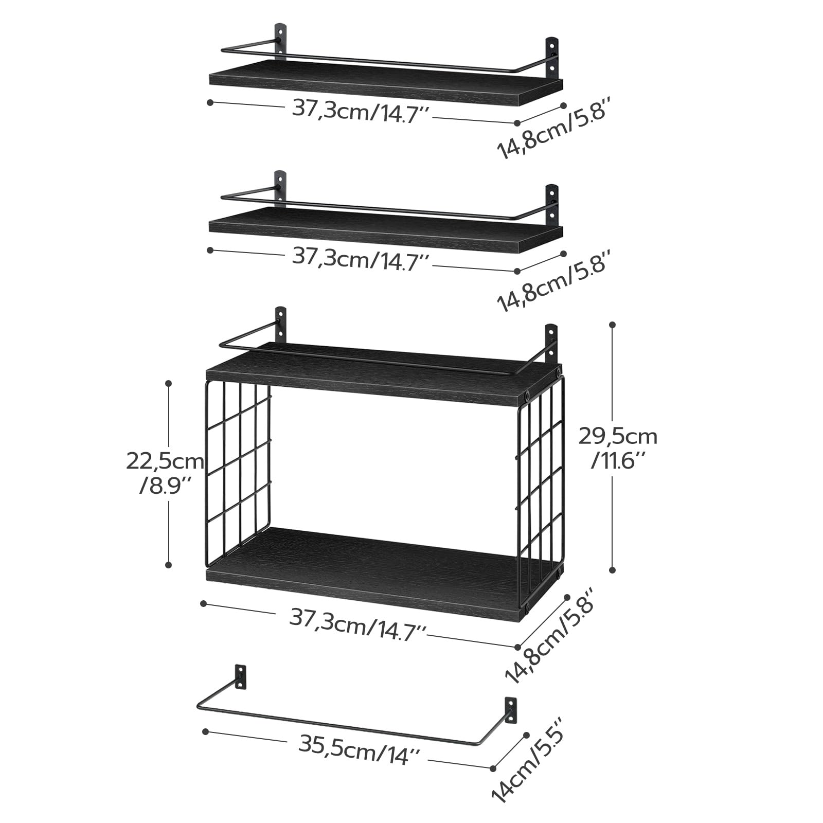 HOOBRO 4+1 Tier Floating Shelves, Bathroom Shelves Over Toilet with Wire Storage Basket, Wall Mounted Floating Shelf Organizer, Rustic Brown BF30BJ01