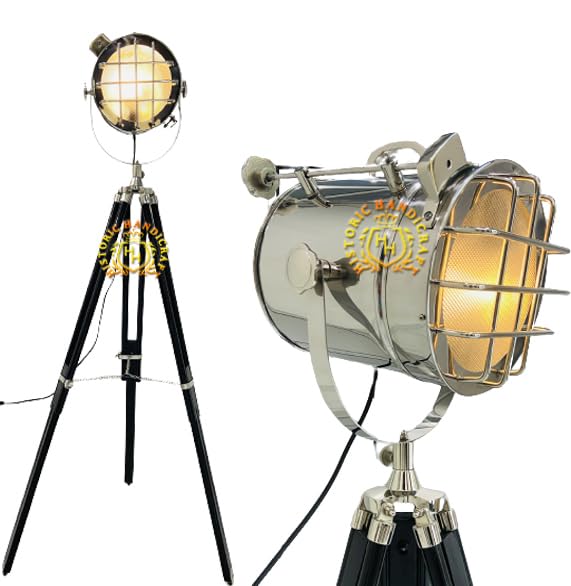 HISTORIC HANDICRAFT Vintage Mid Century Modern Spotlight Nautical Floor Lamp Chrome Hollywood Industrial Searchlight with Tripod Base Standing Lamp, Studying Light for Living Room, Bedroom Decor