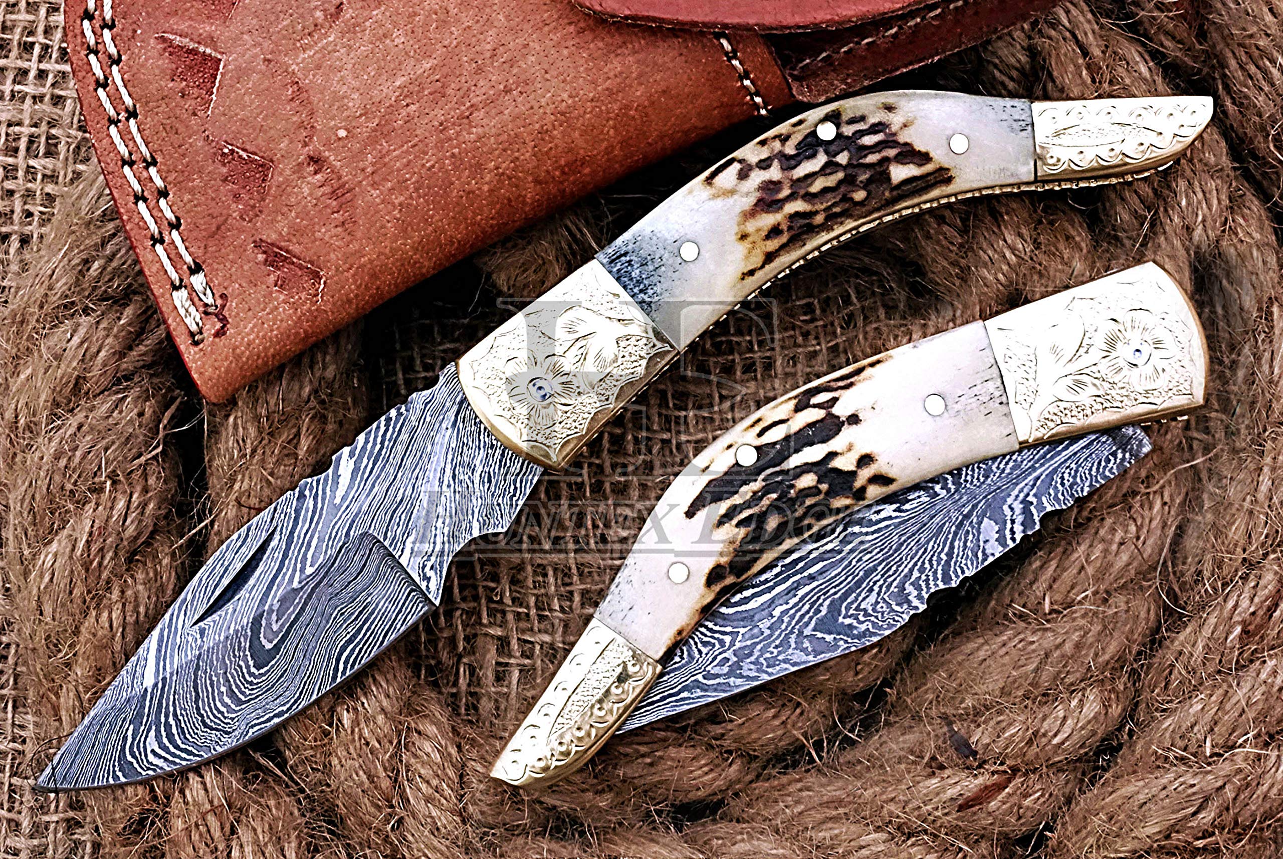 HUNTEX Custom Handmade Hand-Forged Twist Pattern Damascus Steel 3.7 Inch Long Natural Deer Antler Horn Handle Razor Sharp Hunting Camping Folding Pocket Knife with Genuine Leather Pouch