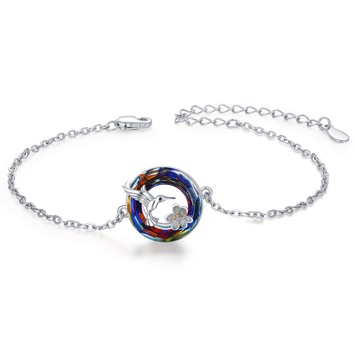 JUSTKIDSTOY Hummingbird Bracelet 925 Sterling Silver Cute Bird Daisy Adjustable Chain Bracelet with Crystal Hummingbird Jewelry Birthday Gifts for Women