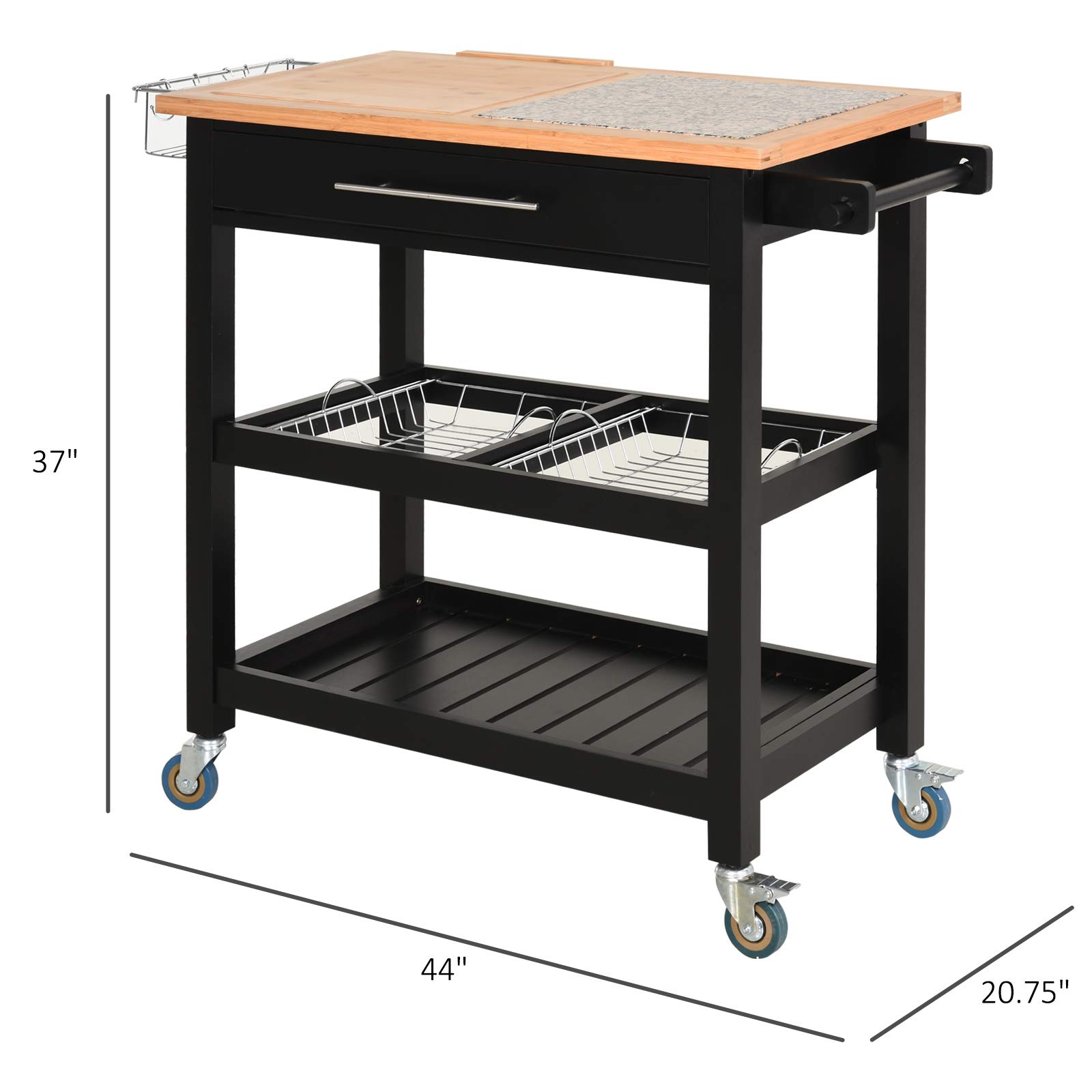 HOMCOM Rolling Mobile Kitchen Island Cart with Granite & Bamboo Countertop, Knife Rack, Integrated Spice Rack & Storage Drawer