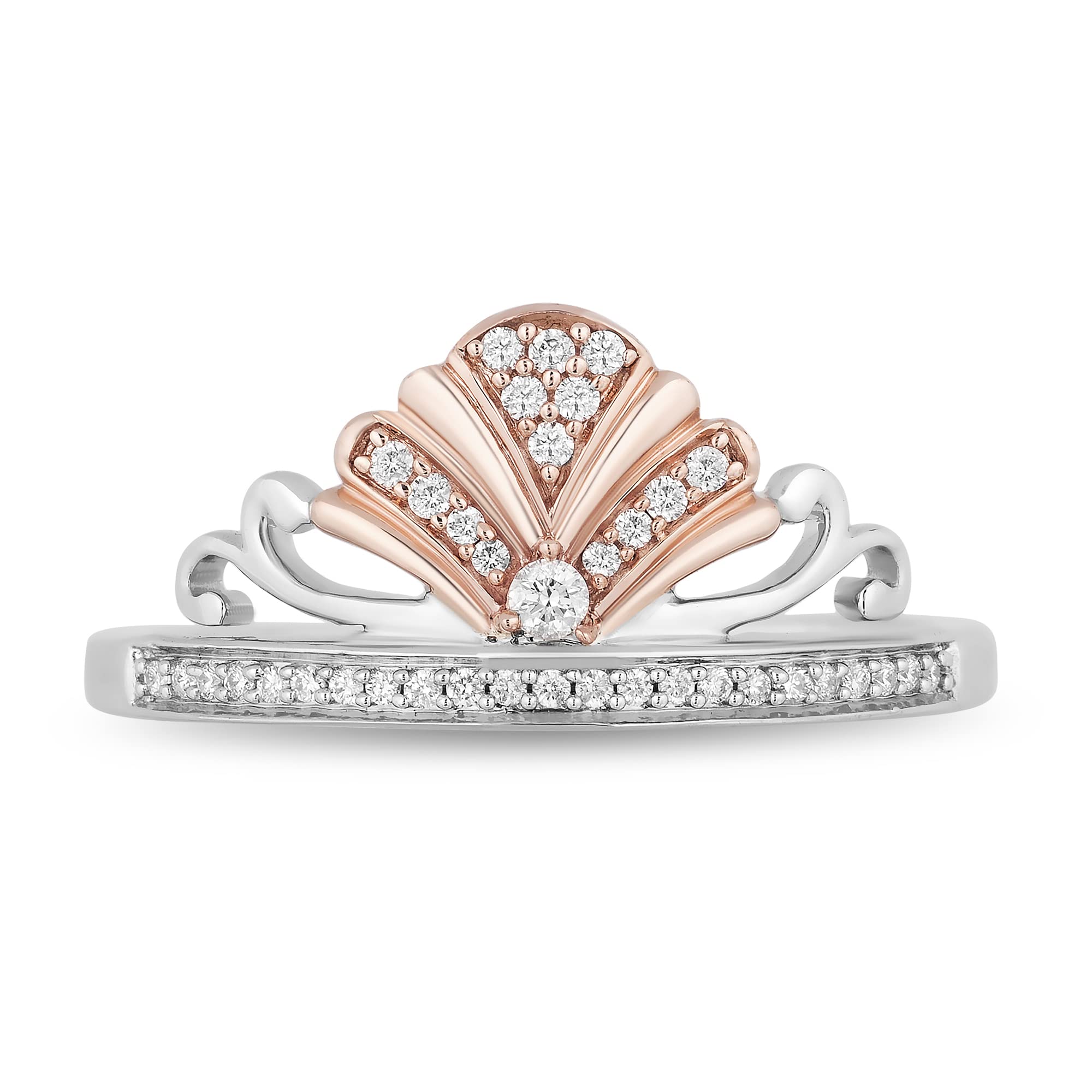 Jewelili Enchanted Disney Fine Jewelry Sterling Silver and 10K Rose Gold 1/6 Cttw Natural White Round Diamonds Ariel Tiara Ring Size 7