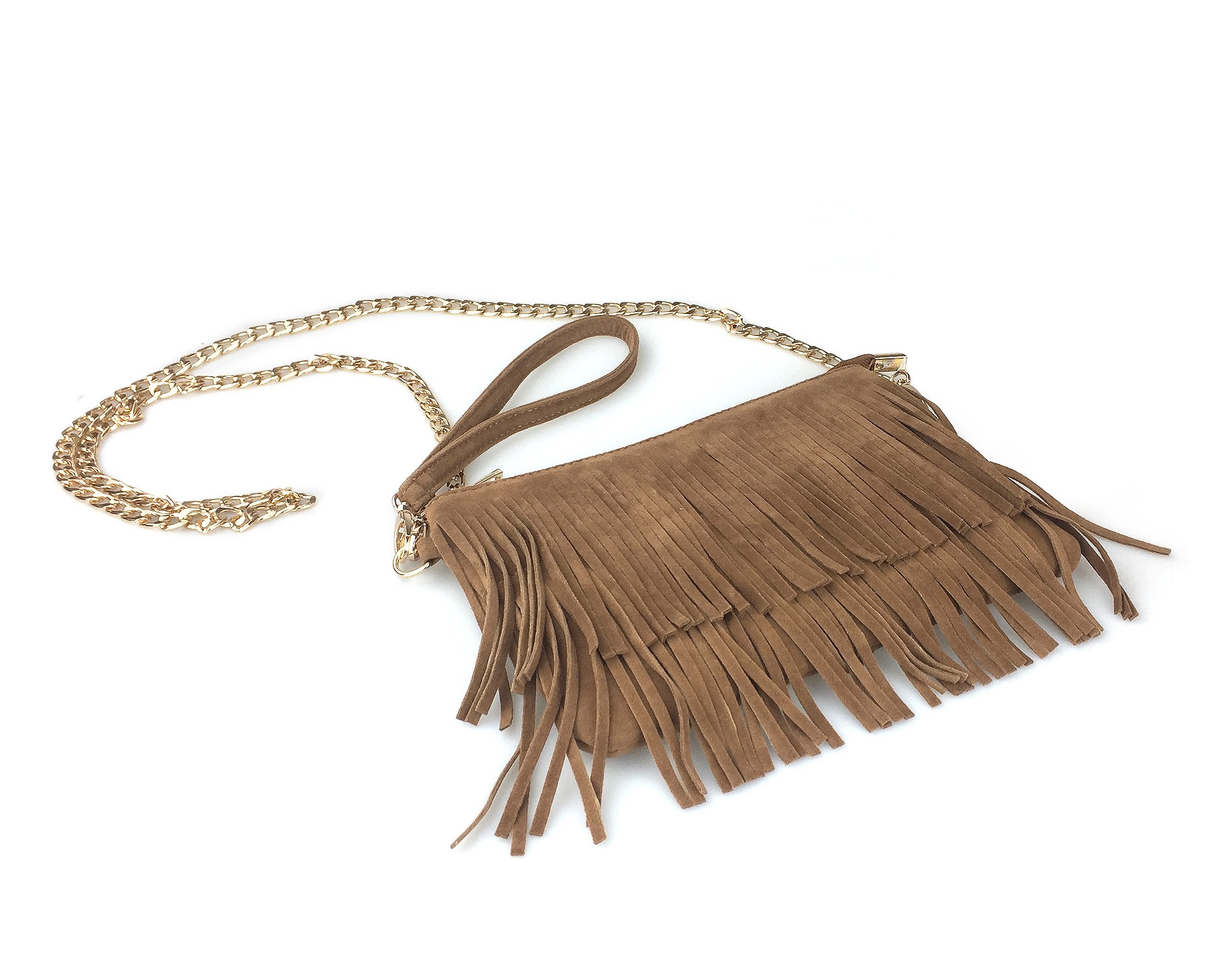 HOXIS Fringe Cross Body Bag Womens Small Shoulder Bag Top Zip Wristlet Brown