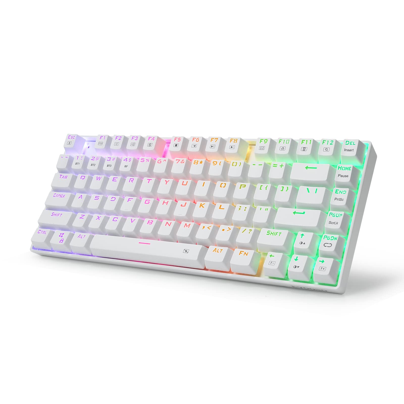 HUO JI Wireless RGB Mechanical Keyboard,Bluetooth/2.4Ghz/Wired Z-88 Gaming Keyboard with Clicky Blue Switches RGB LED Backlit 81 Keys Compact for Mac, PC, White