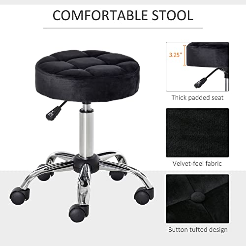 HOMCOM Round Rolling Stool with Height Adjustable Lift, Vanity Chair with Luxury Style Upholstery, Office Chair with Swivel Seat and Wheels for Work Spa Salon, Black